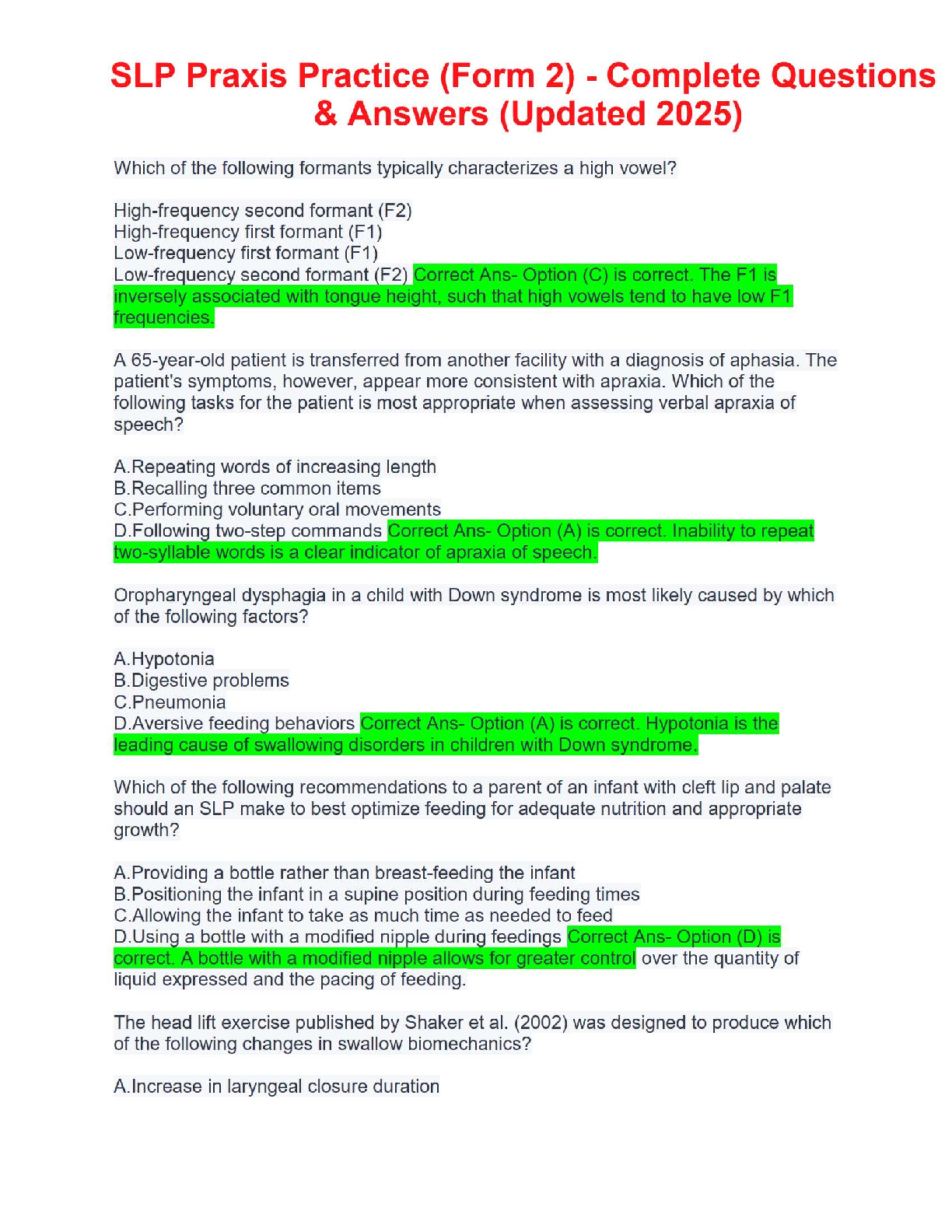 📘 SLP Praxis Practice (Form 2) - Complete Questions & Answers (Updated ...
