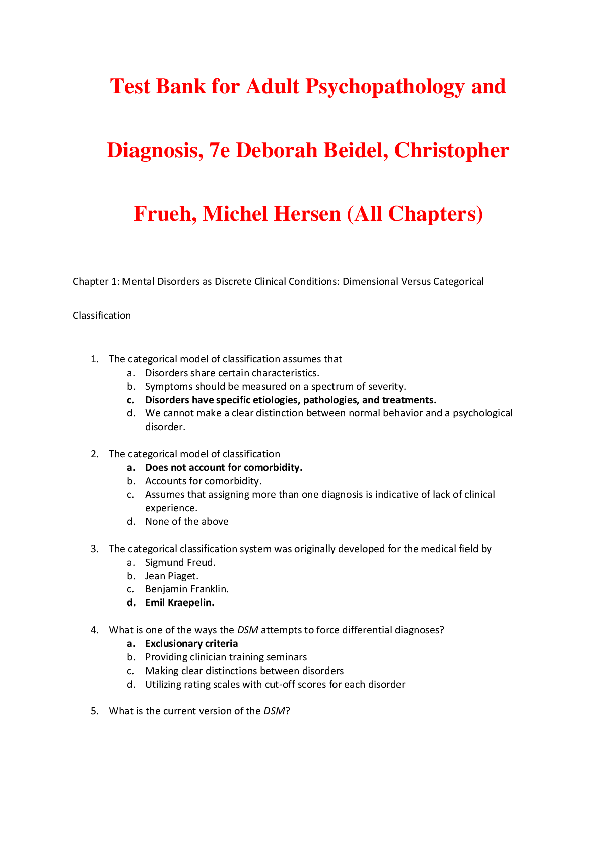 Test Bank for Adult Psychopathology and Diagnosis, 7e Deborah Beidel ...