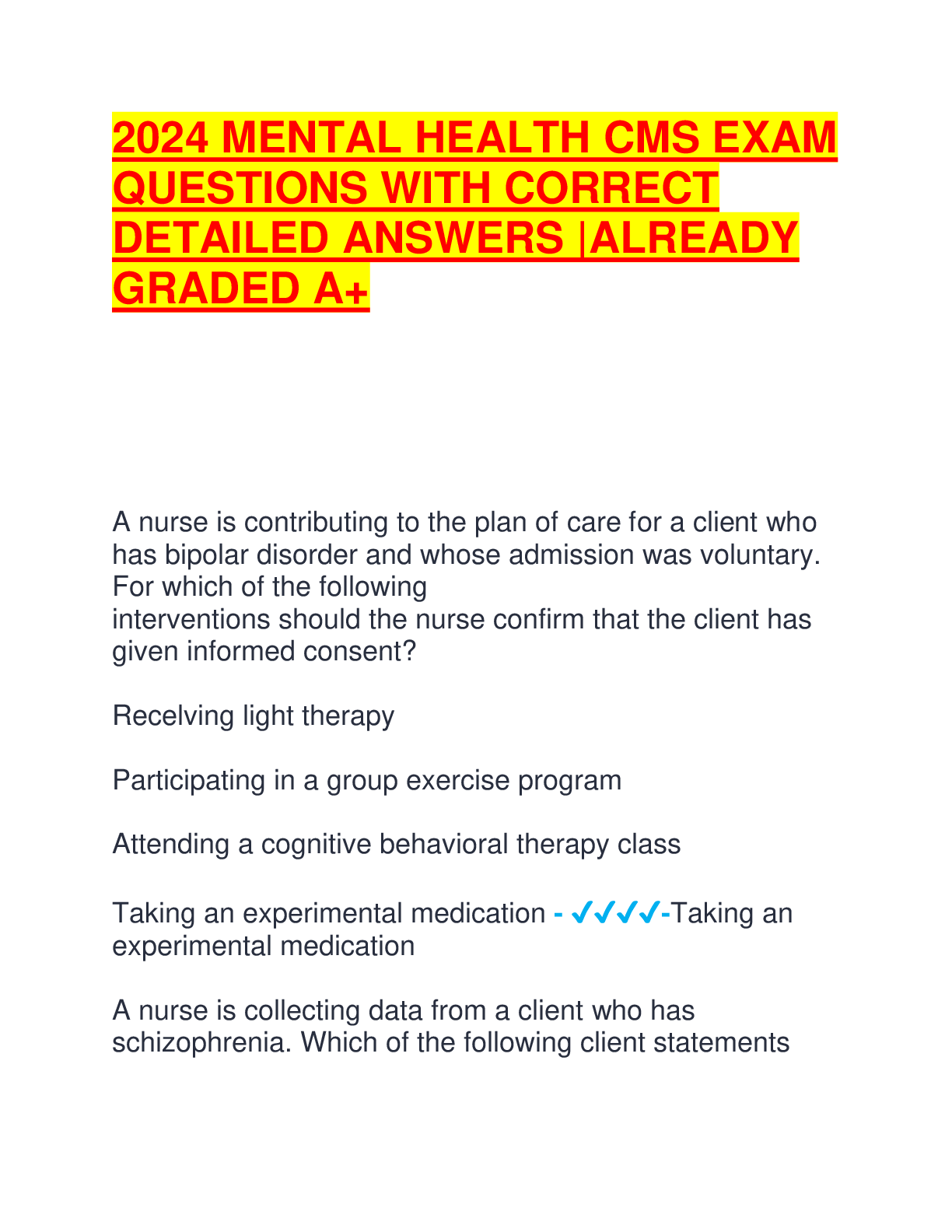 2024 MENTAL HEALTH CMS EXAM QUESTIONS WITH CORRECT DETAILED ANSWERS ...