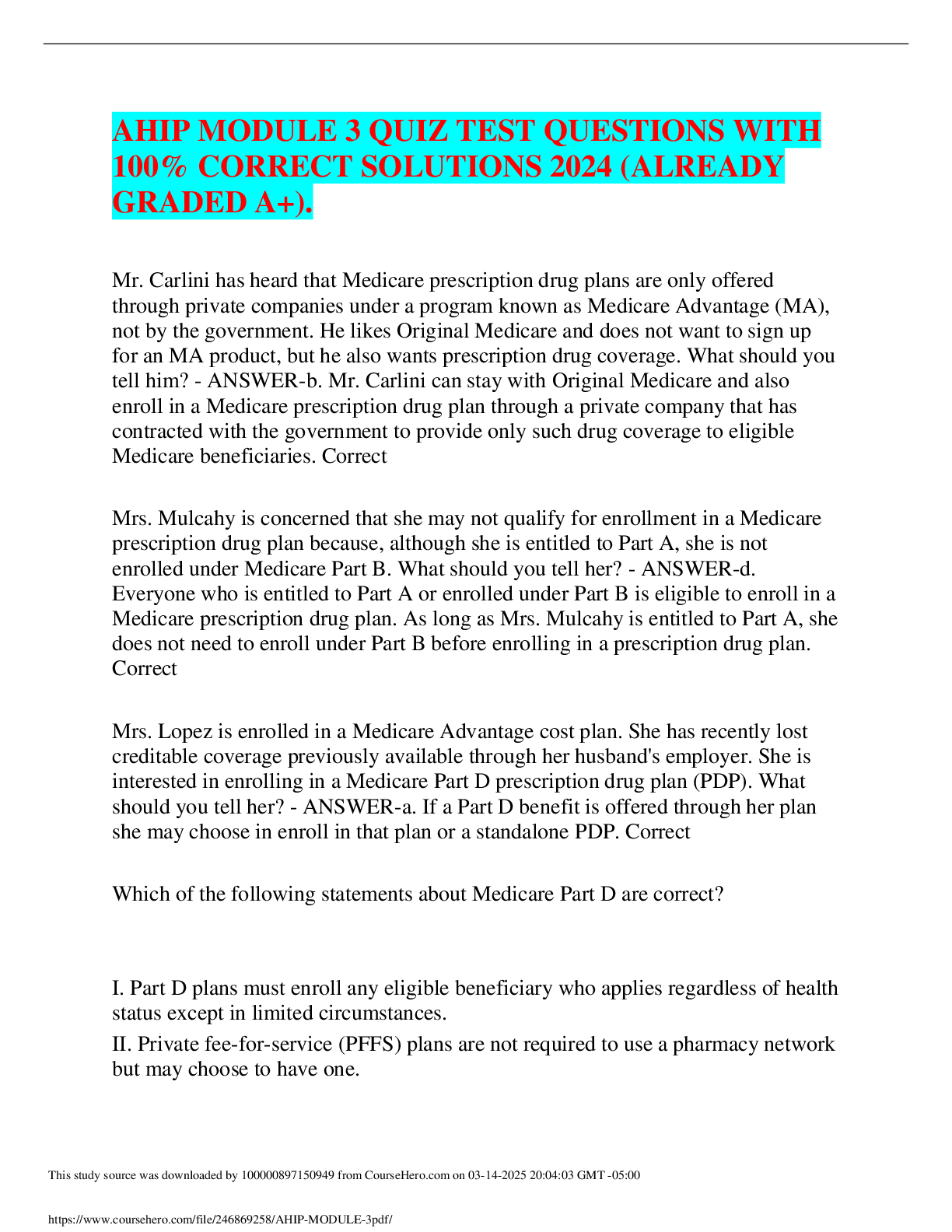 AHIP MODULE 3 QUIZ TEST QUESTIONS WITH 100% CORRECT SOLUTIONS 2024 ...