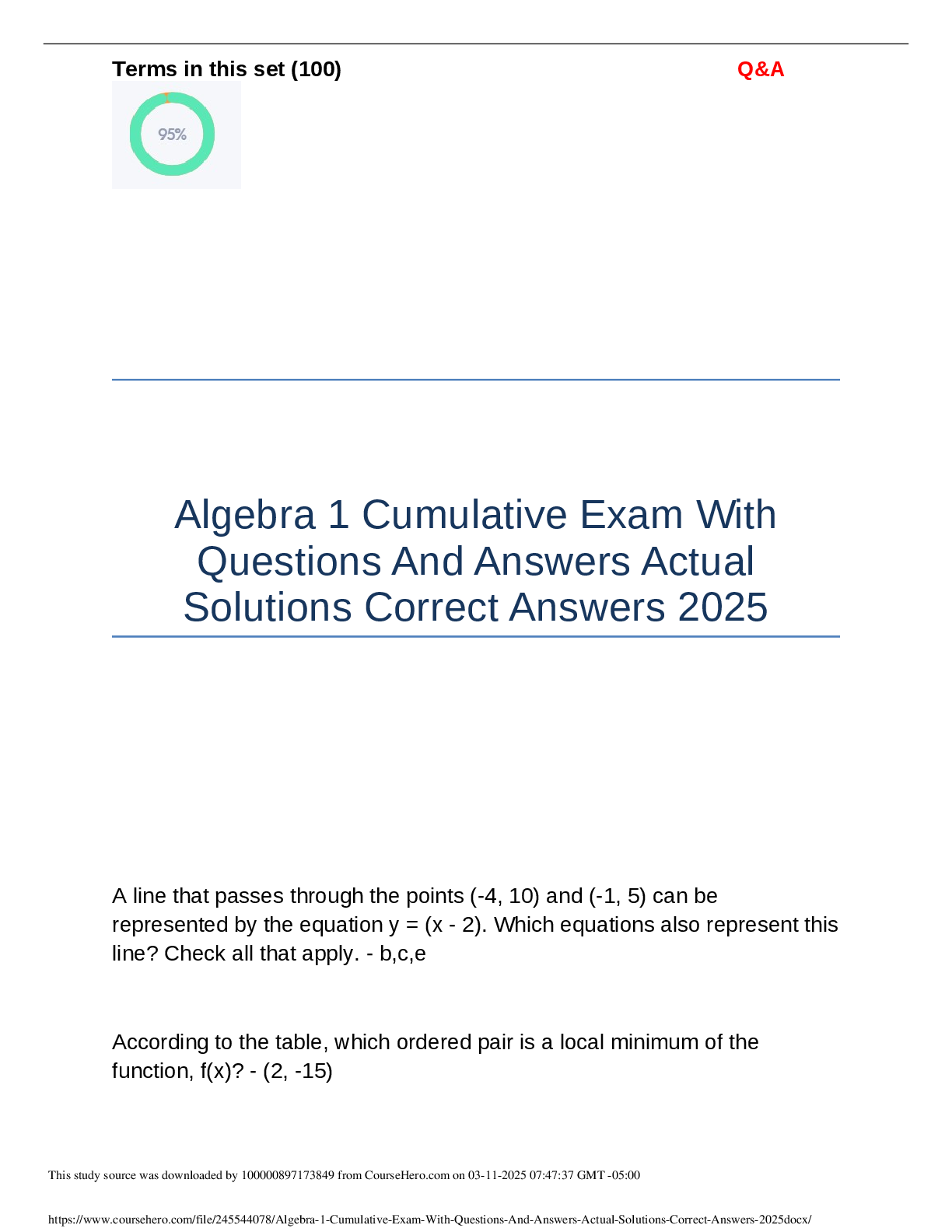 Algebra 1 Cumulative Exam With Questions And Answers Actual Solutions ...