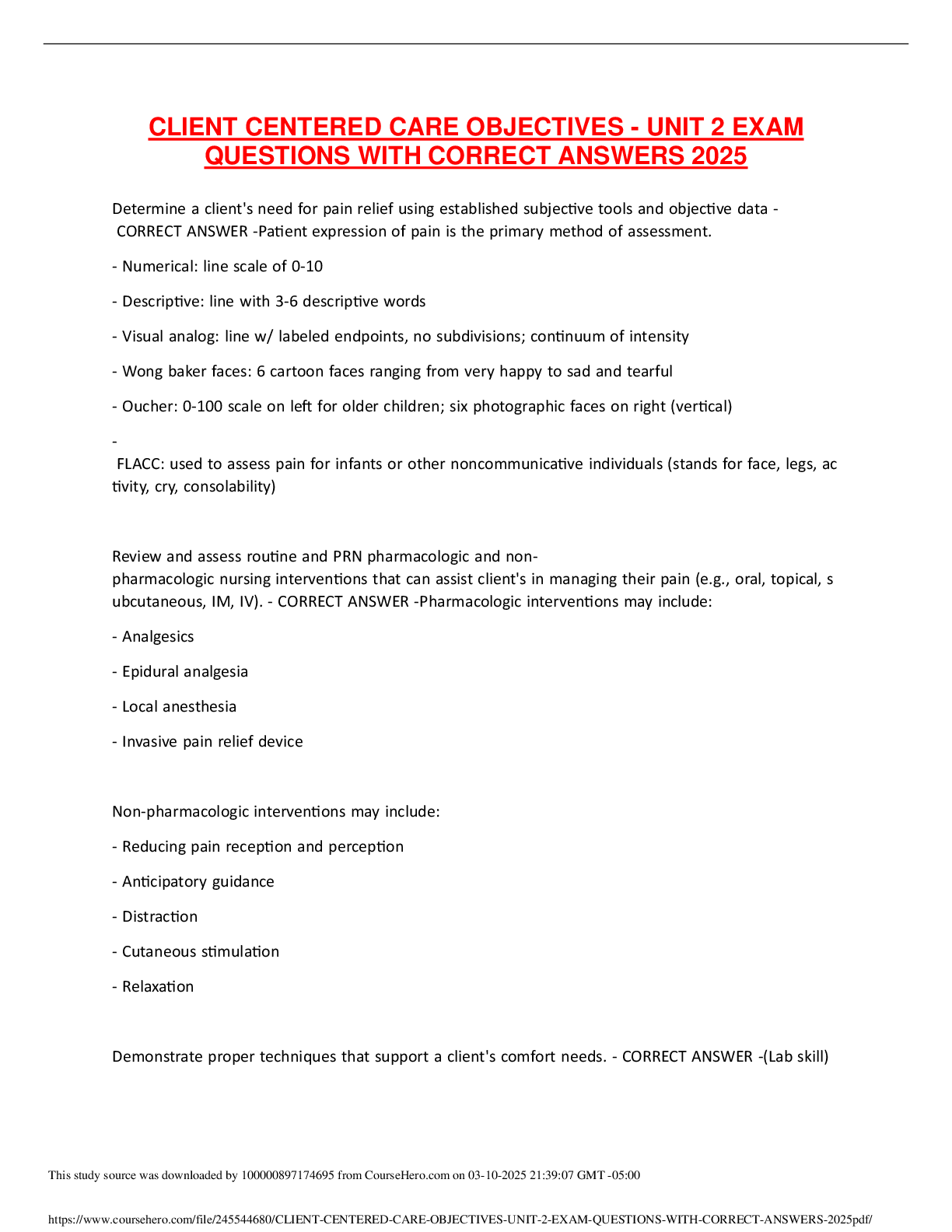 CLIENT CENTERED CARE OBJECTIVES - UNIT 2 EXAM QUESTIONS WITH CORRECT ANSWERS 2025 - Scholarfriends