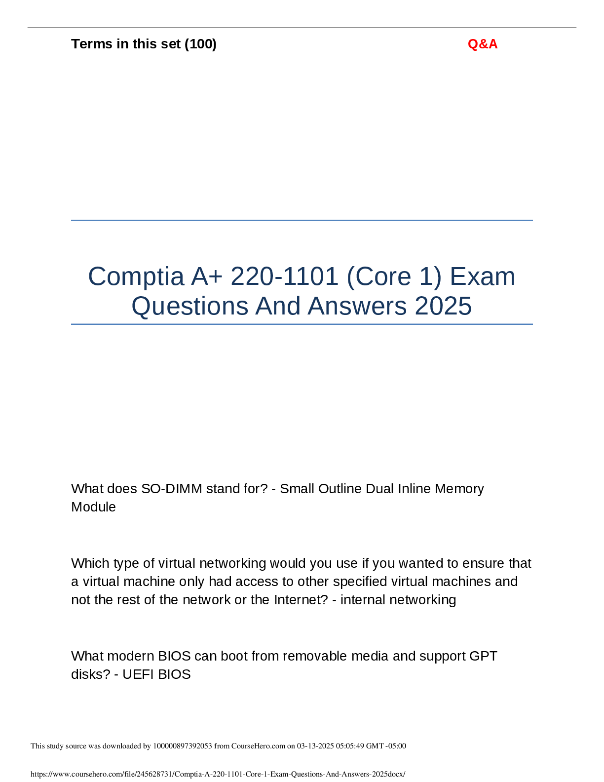 Comptia A+ 220-1101 (Core 1) Exam Questions And Answers 2025 ...