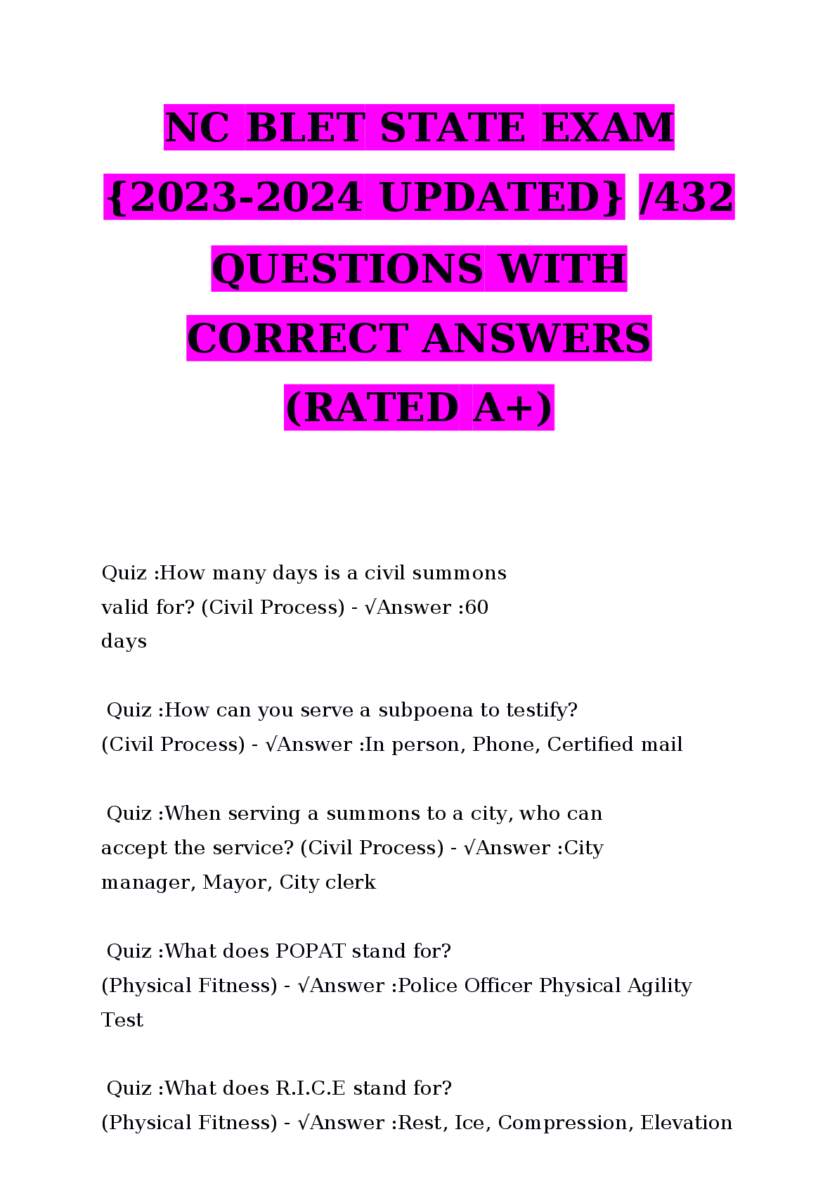 NC BLET STATE EXAM {2023-2024 UPDATED} 432 QUESTIONS WITH CORRECT ...