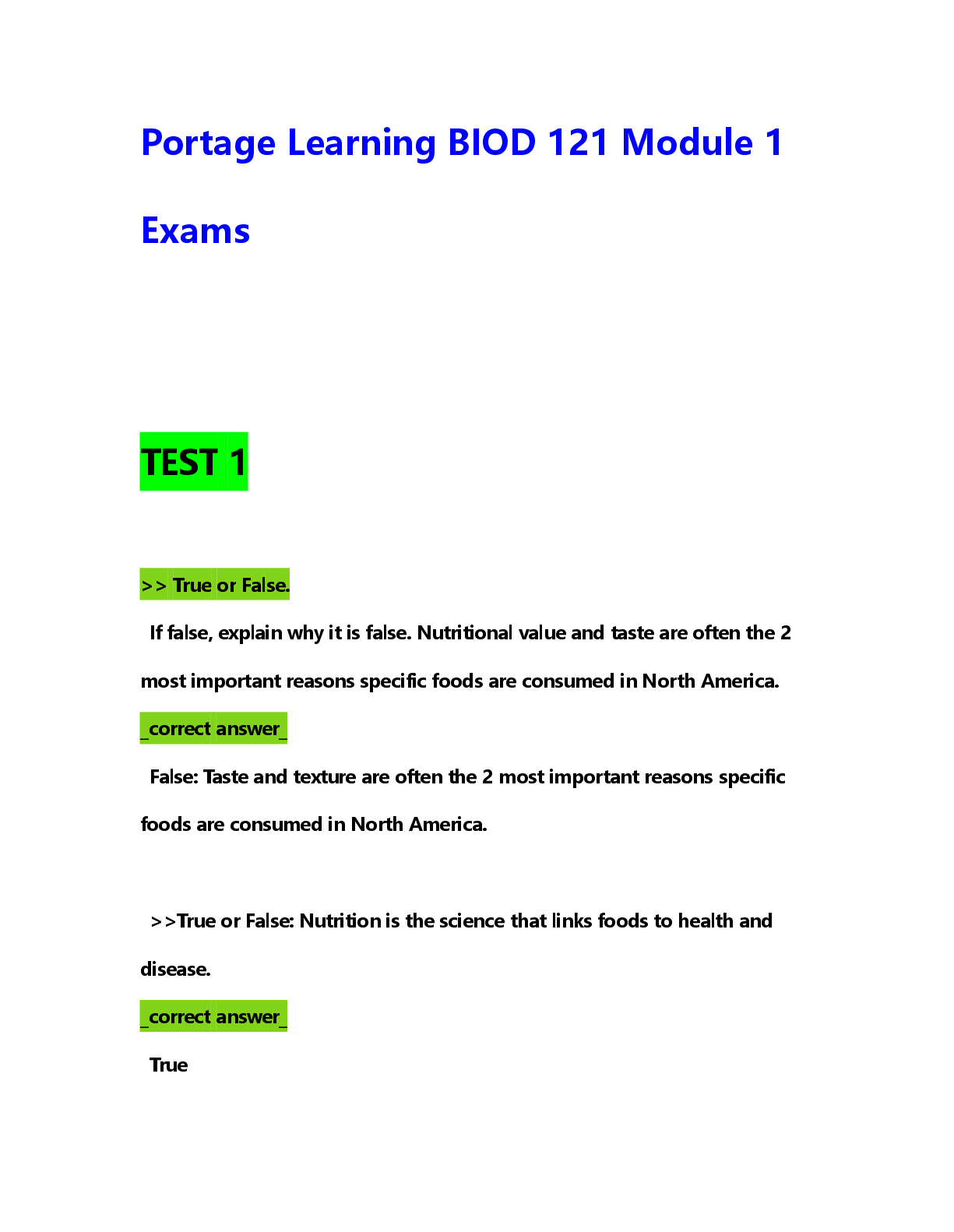 Portage Learning BIOD 121 Module 1 Exams - Scholarfriends