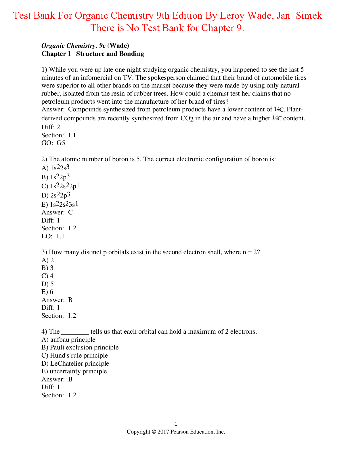 Test Bank For Organic Chemistry 9th Edition By Leroy Wade, Jan Simek ...