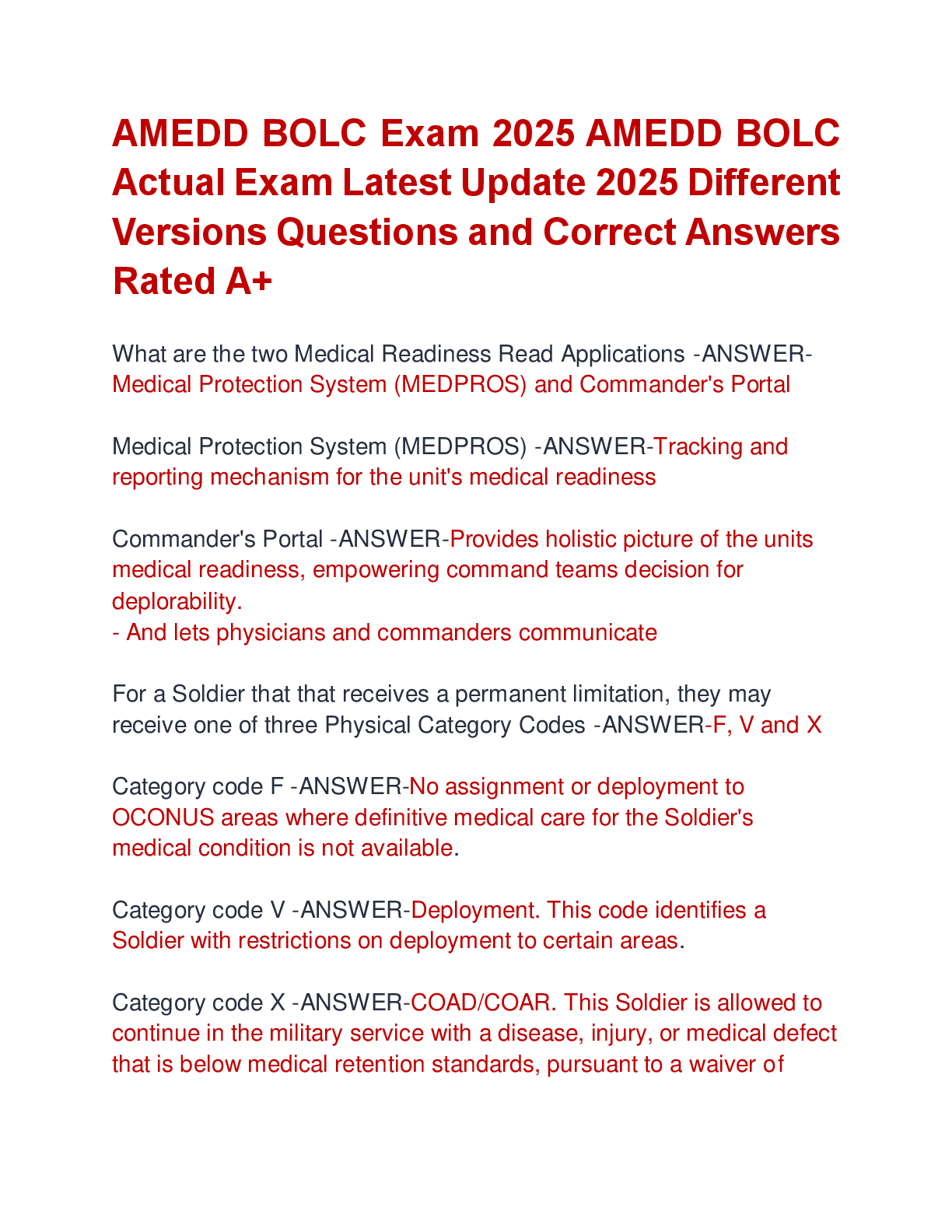 AMEDD BOLC Exam 2025 AMEDD BOLC Actual Exam Latest Update 2025 Diffe ...