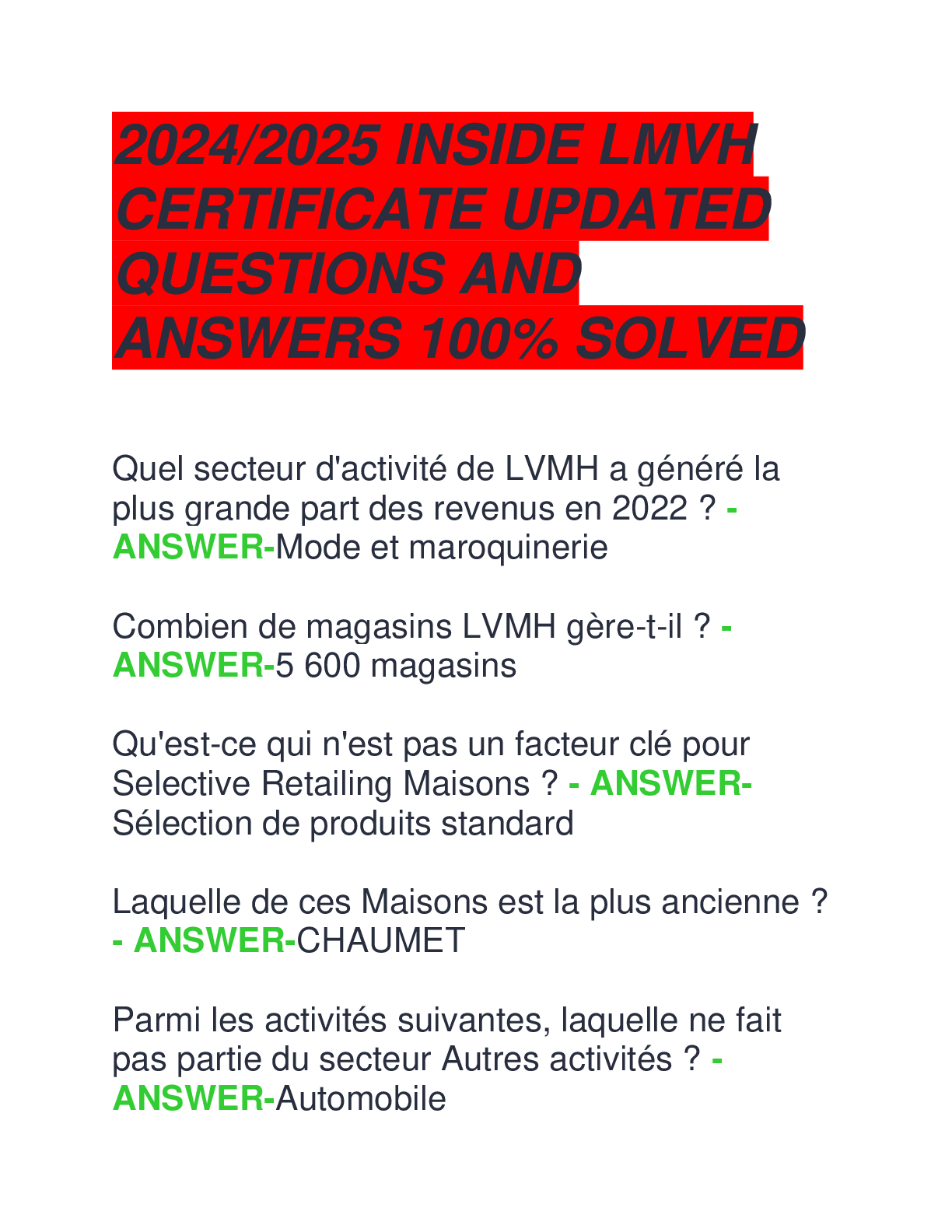 2024-2025 INSIDE LMVH CERTIFICATE UPDATED QUESTIONS AND ANSWERS 100% SOLVED - Scholarfriends