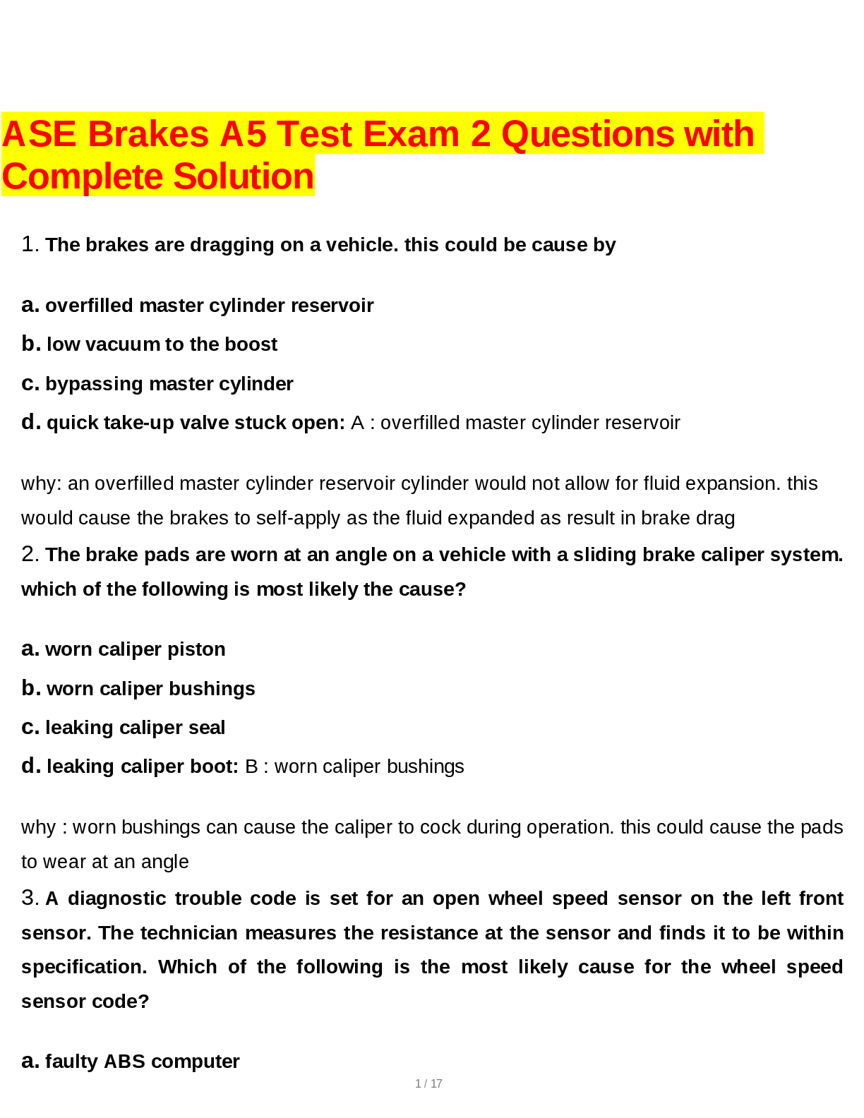 ASE Brakes A5 Test Exam 2 Questions with Complete Solution - Scholarfriends