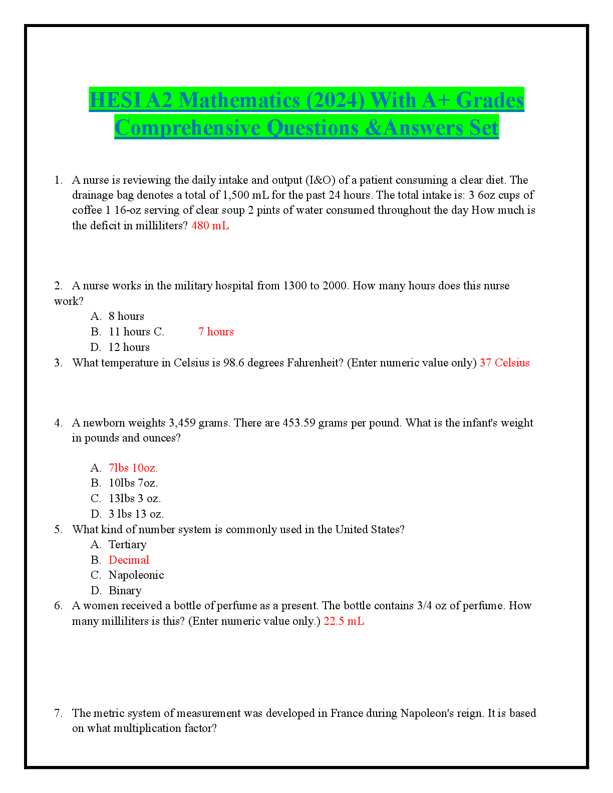 HESI A2 Mathematics (2024) With A+ Grades Comprehensive Questions ...