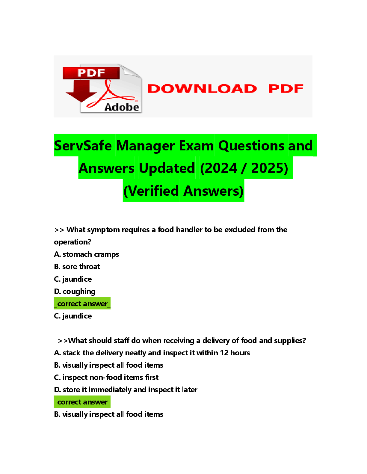 ServSafe Manager Exam Questions and Answers Updated (2024 2025) (Ver ...