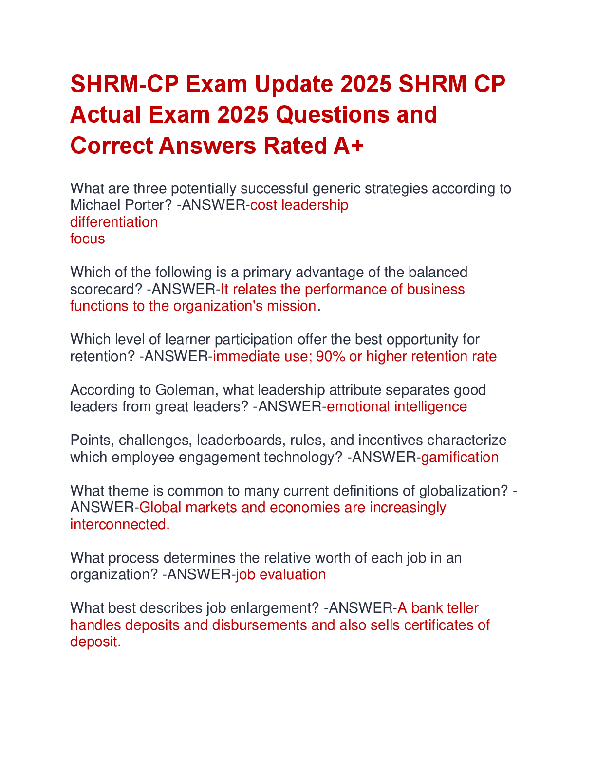 SHRM-CP Exam Update 2025 SHRM CP Actual Exam 2025 Questions and Correct Answers Rated A+ ...