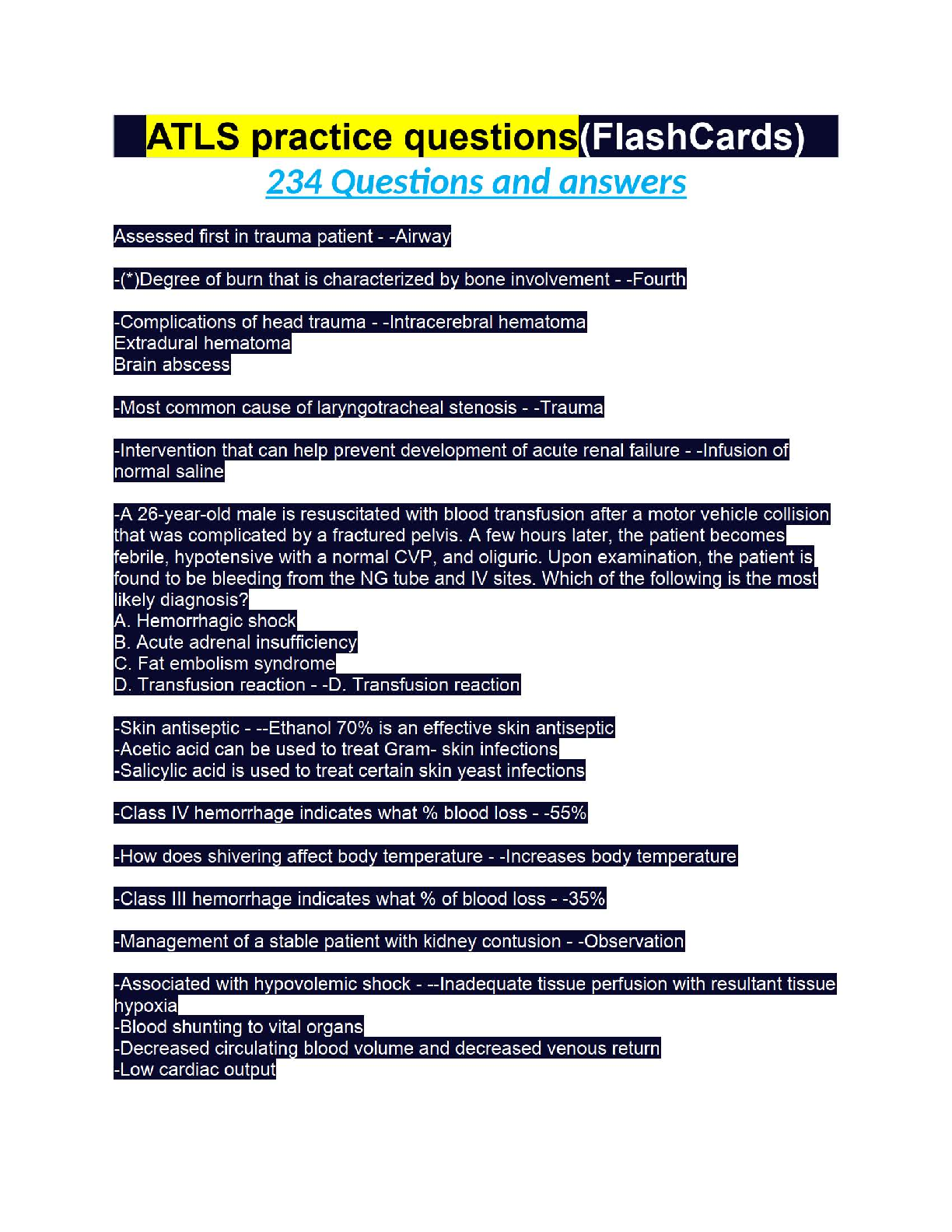 ATLS Practice Questions (Flashcards) – 234 Questions & Answers - Scholarfriends