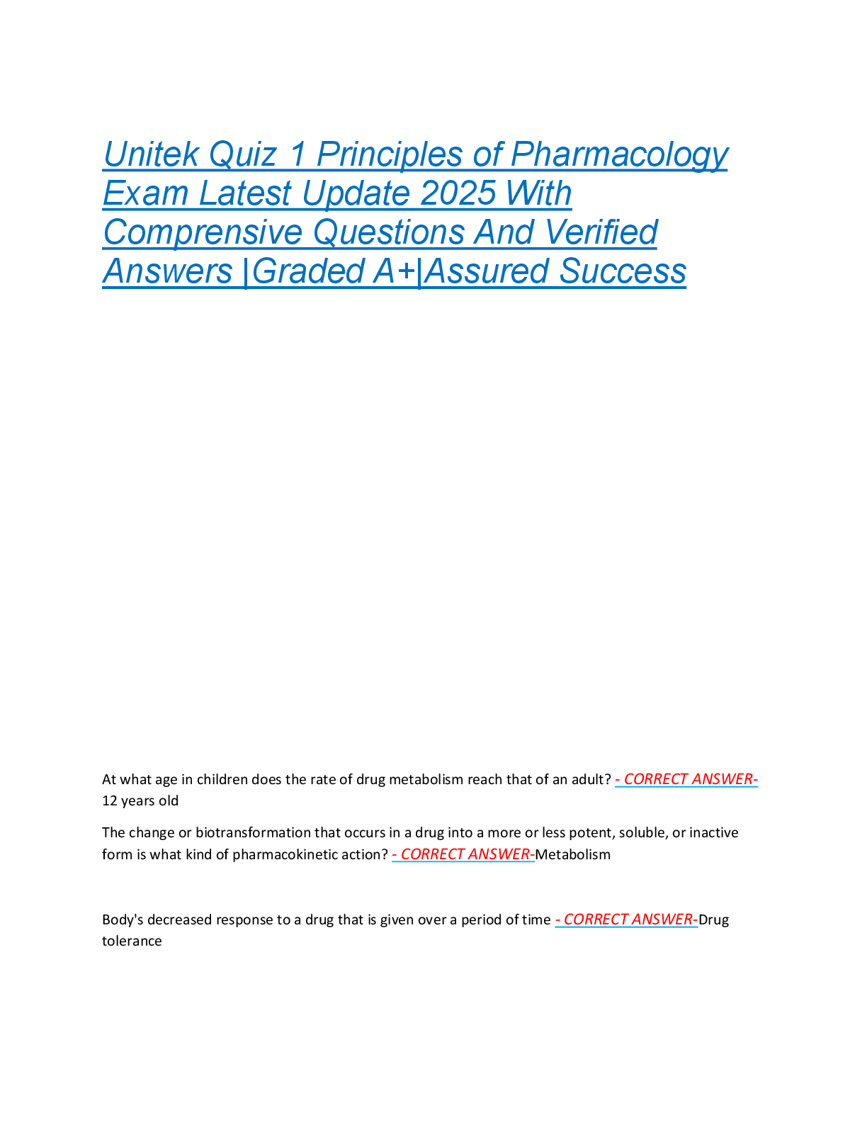 Unitek Quiz 1 Principles of Pharmacology Exam Latest Update 2025 With ...