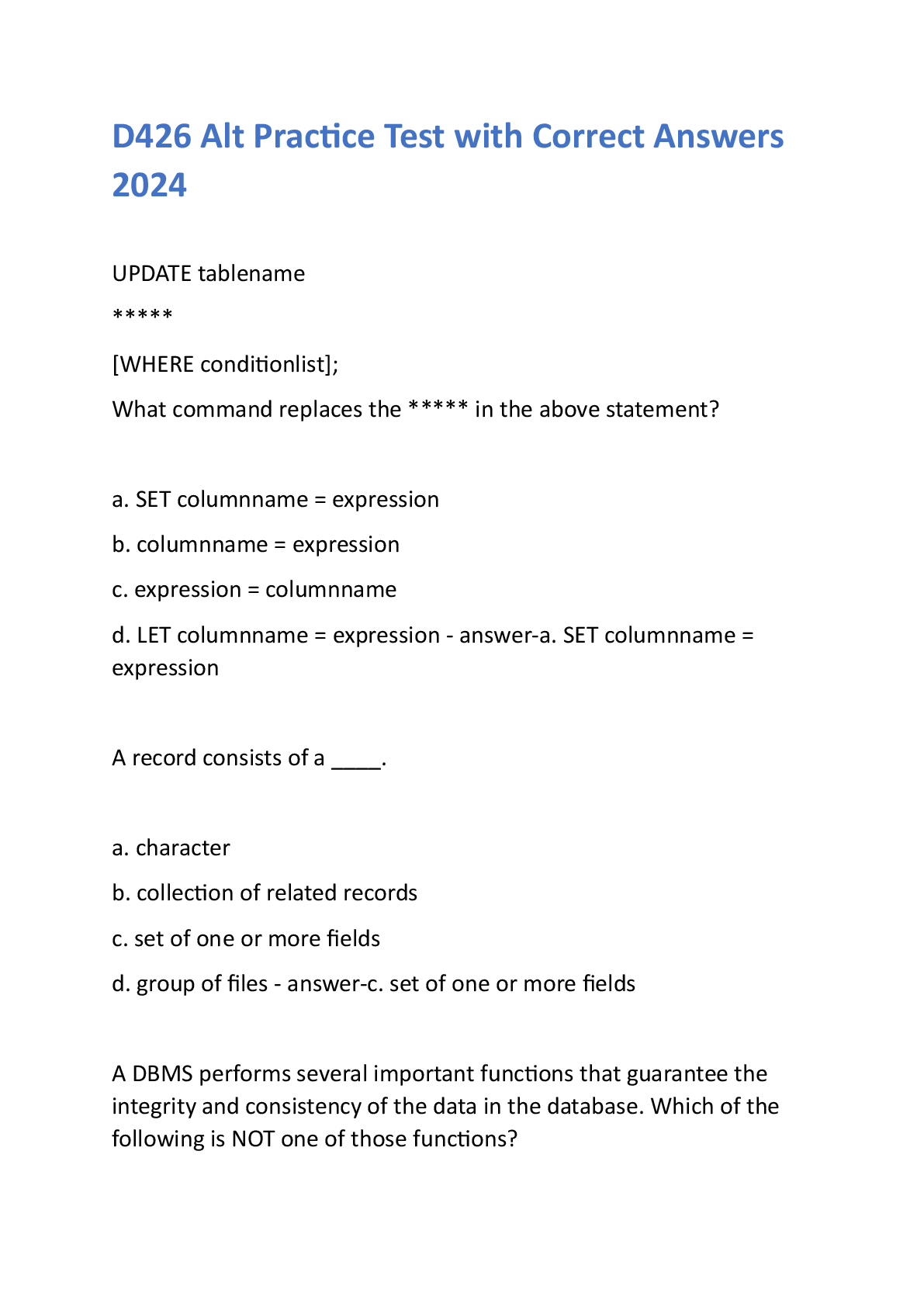 D426 Alt Practice Test with Correct Answers 2024 - Scholarfriends