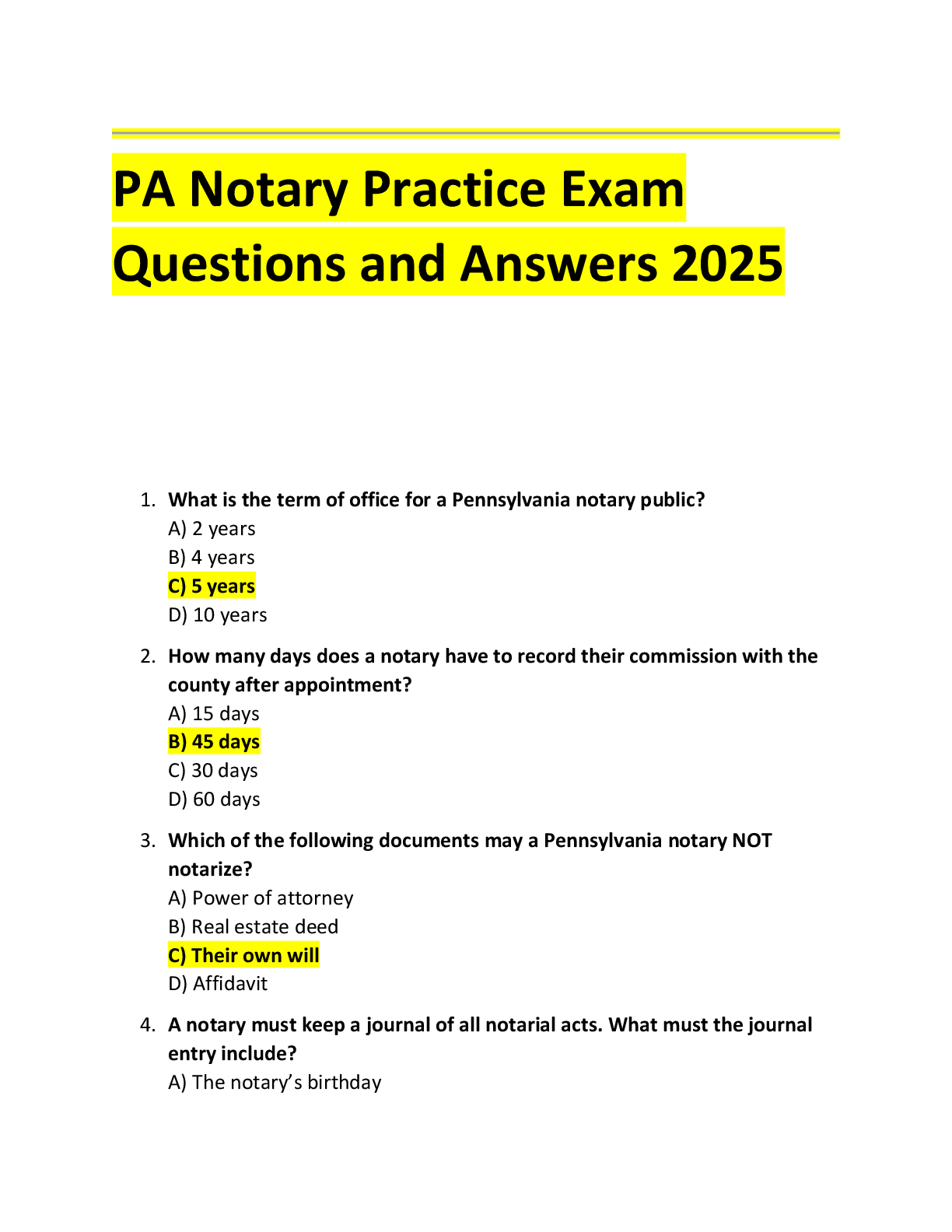 PA Notary Practice Exam Questions and Answers 2025 - Scholarfriends