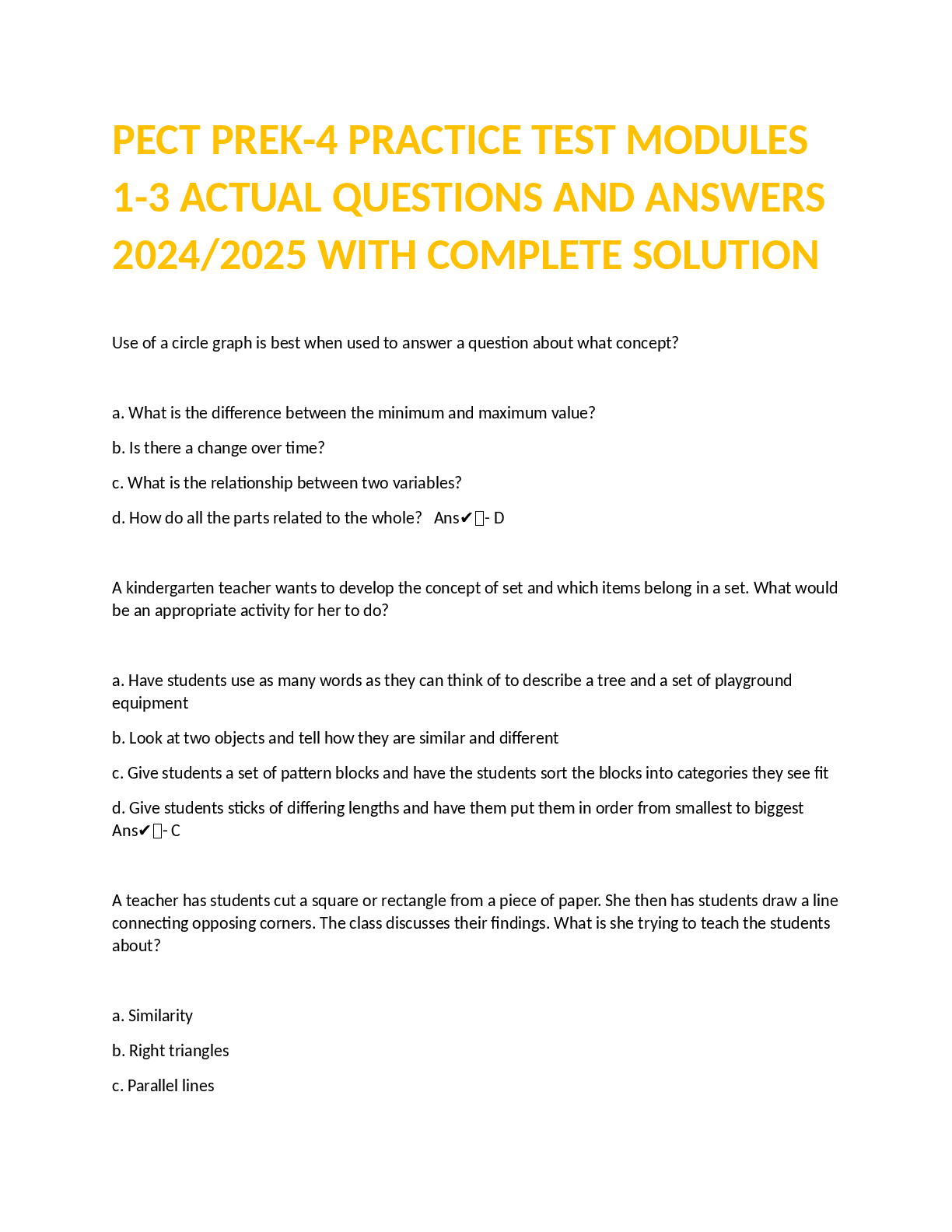 PECT PREK-4 PRACTICE TEST MODULES 1-3 ACTUAL QUESTIONS AND ANSWERS 2 ...