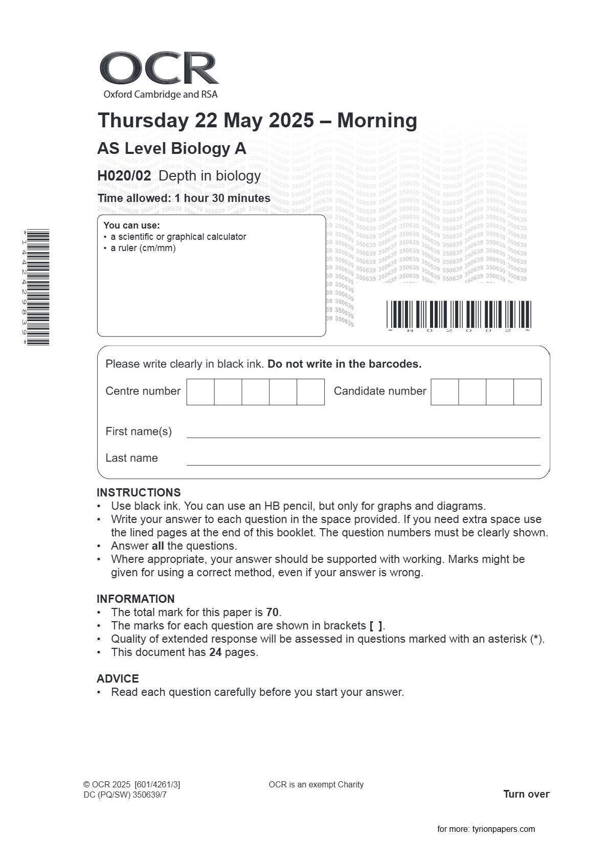 OCR A Level Chemistry A H432/01 Periodic table, elements and physical chemistry June 2025 ...