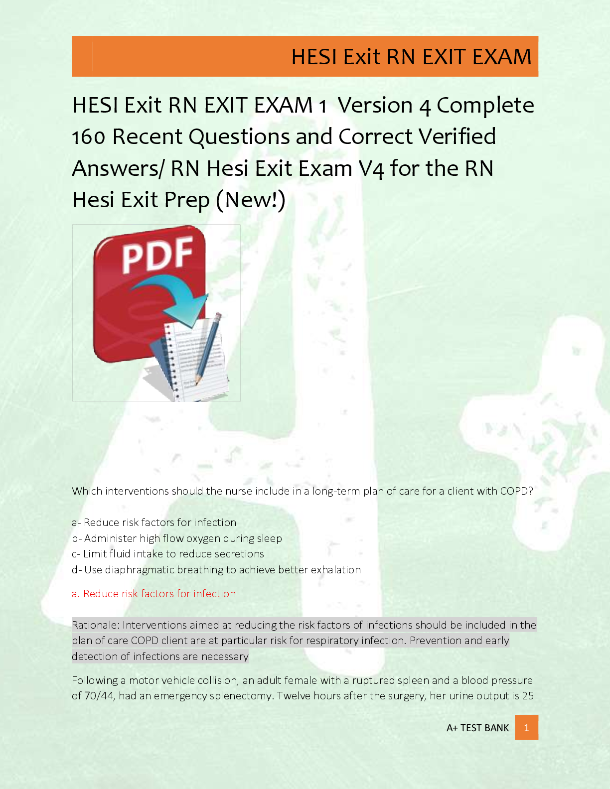 HESI Exit RN EXIT EXAM 1 Version 4 Complete 160 Recent Questions and ...