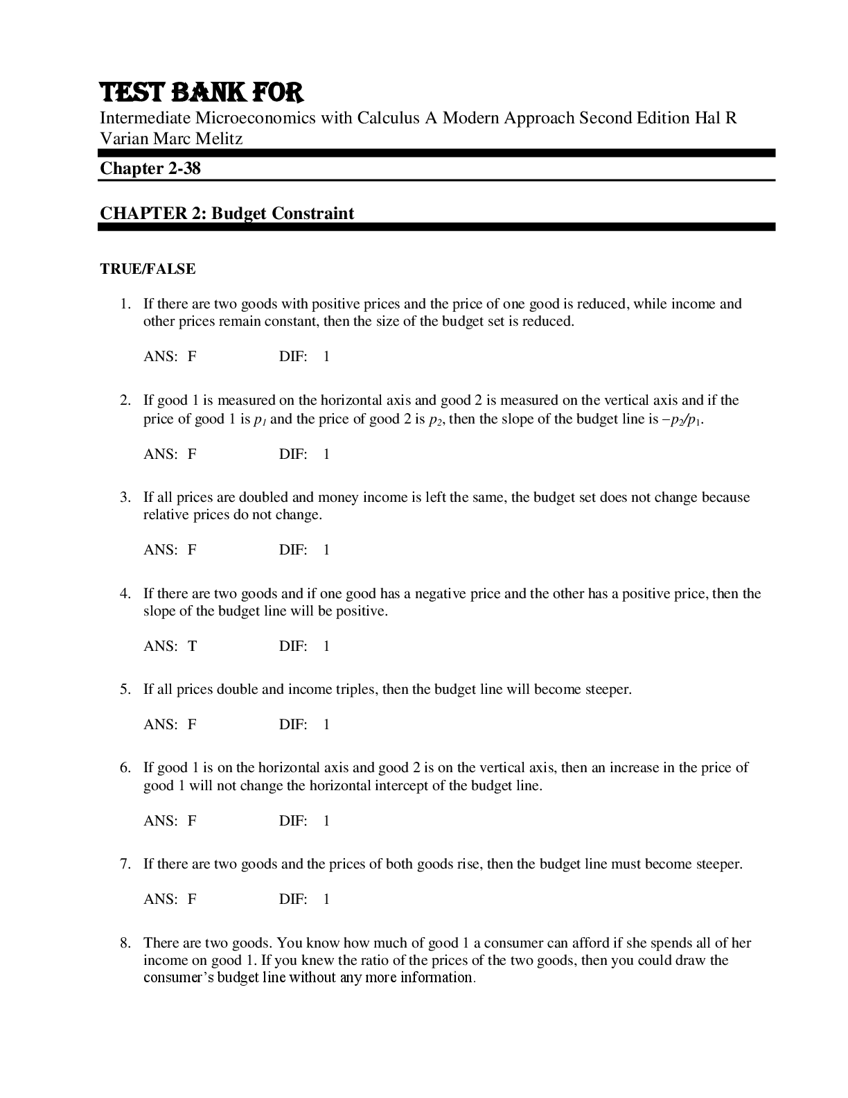 Test Bank For Intermediate Microeconomics with Calculus A Modern ...