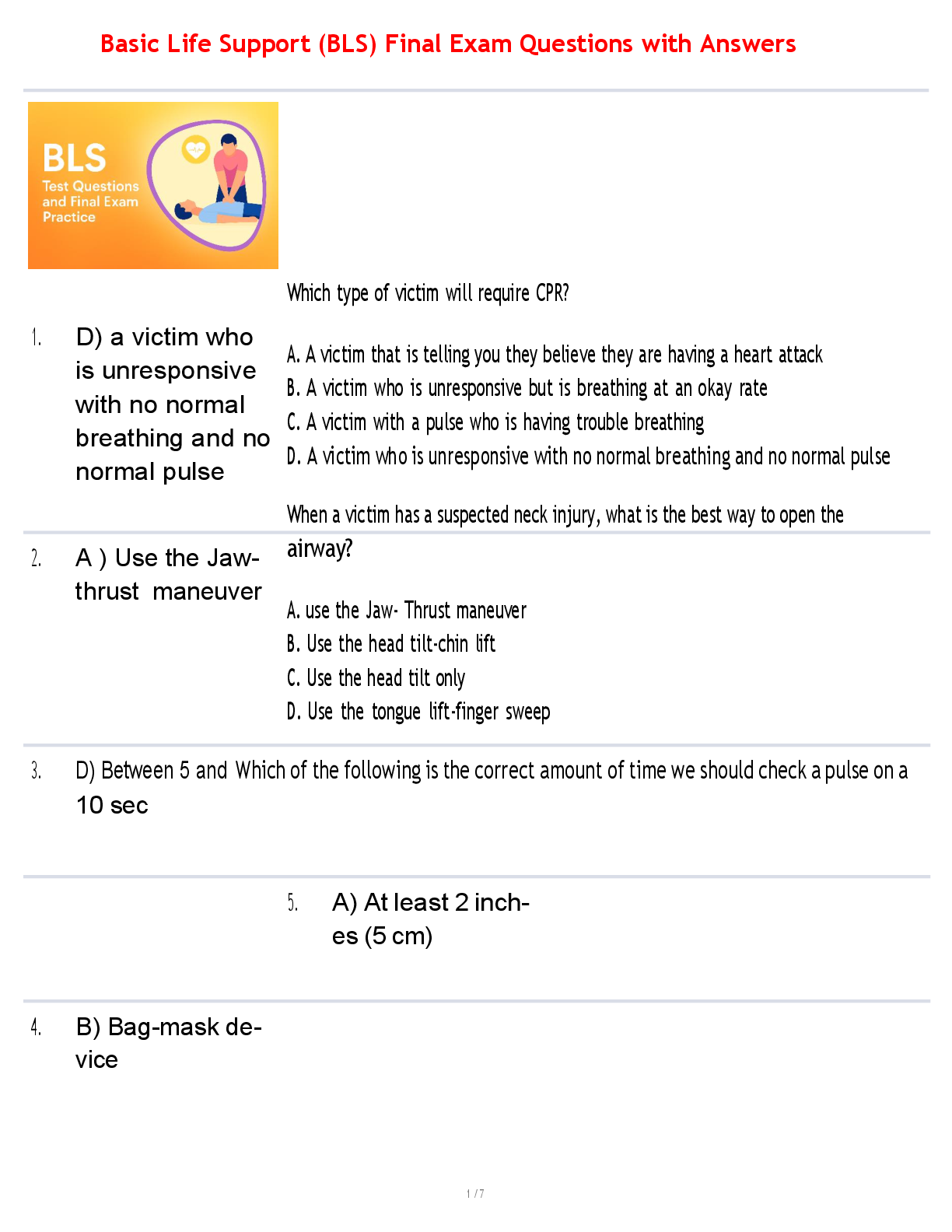 Basic Life Support (BLS) Final Exam Questions with Answers - Scholarfriends