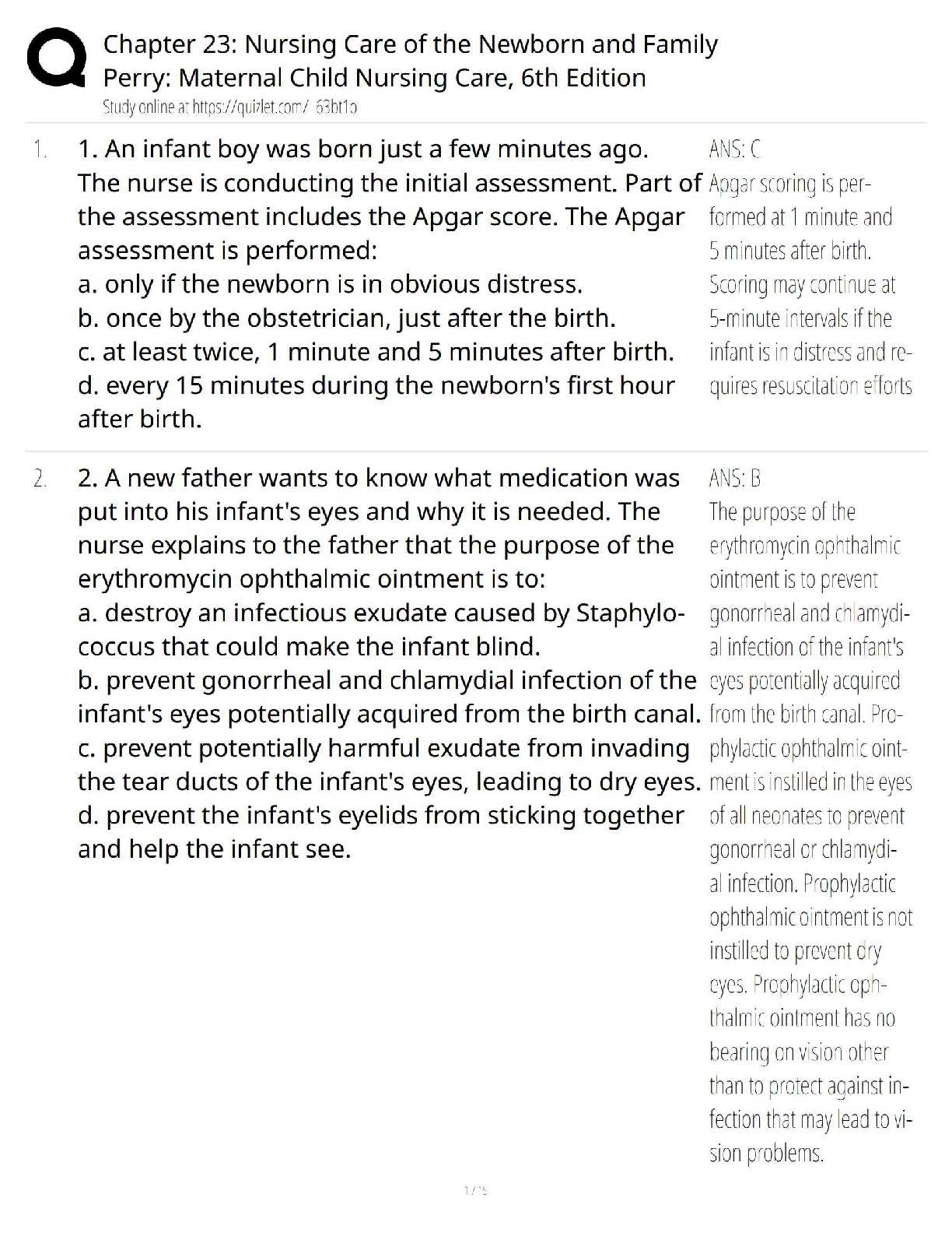 Chapter 23 – Nursing Care of the Newborn and Family / Maternal Newborn ...