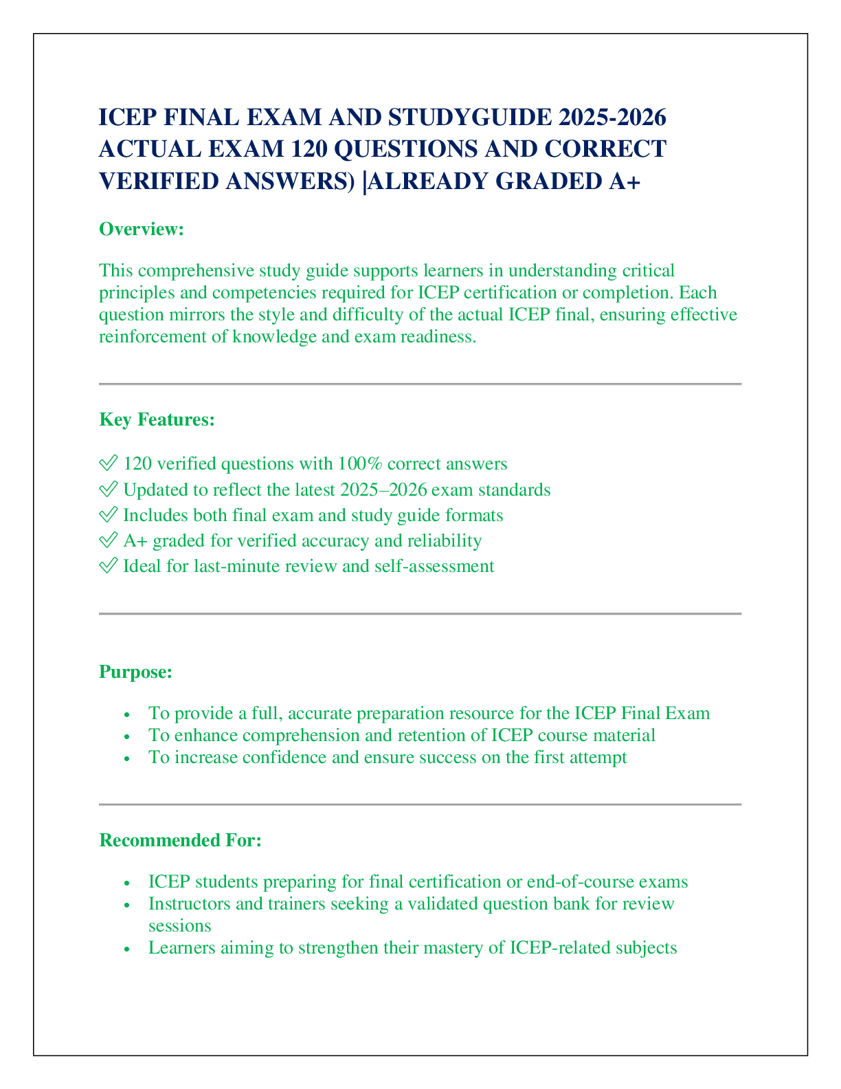 ICEP FINAL EXAM AND STUDYGUIDE 2025-2026 ACTUAL EXAM 120 QUESTIONS AND ...