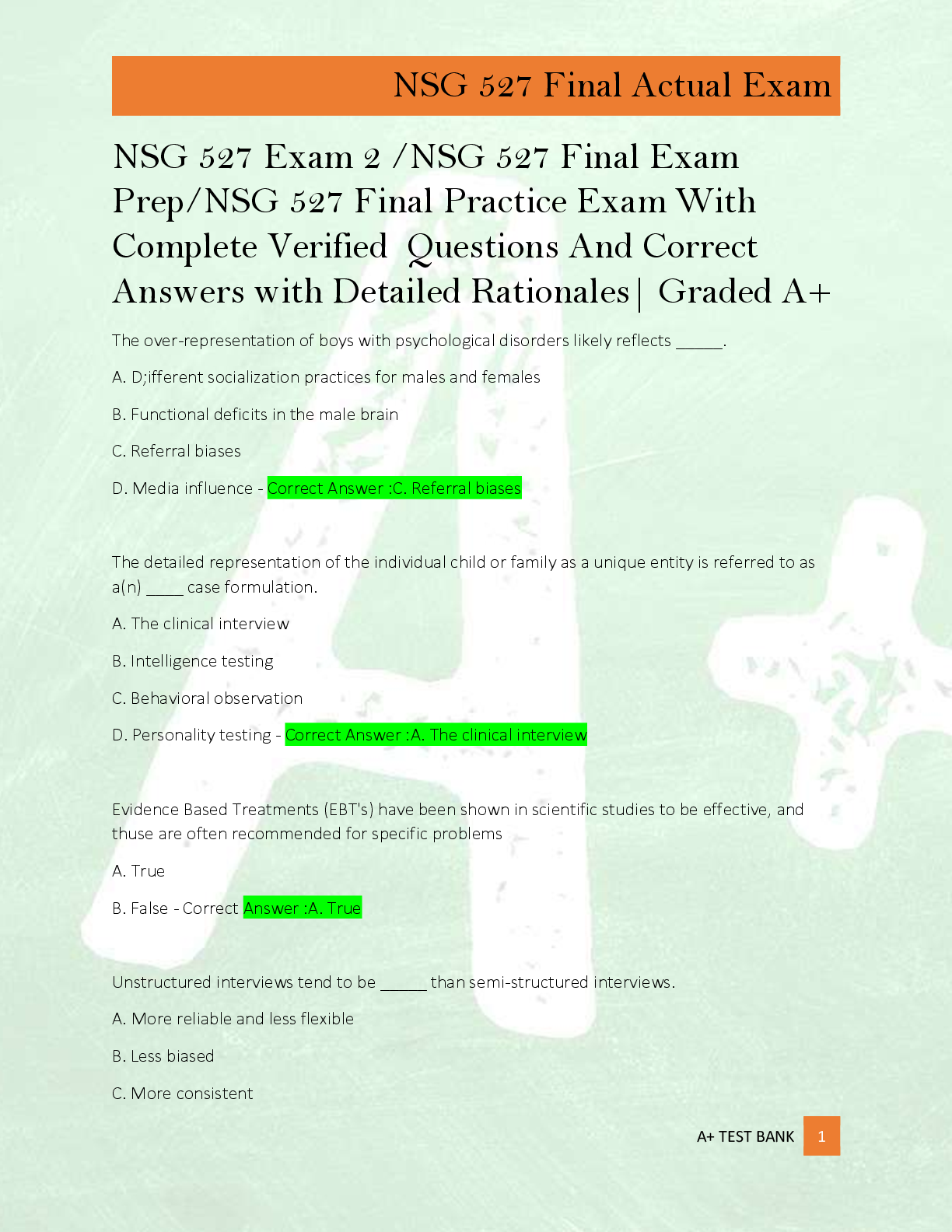 NSG 527 Exam 2 /NSG 527 Final Exam Prep/NSG 527 Final Practice Exam ...