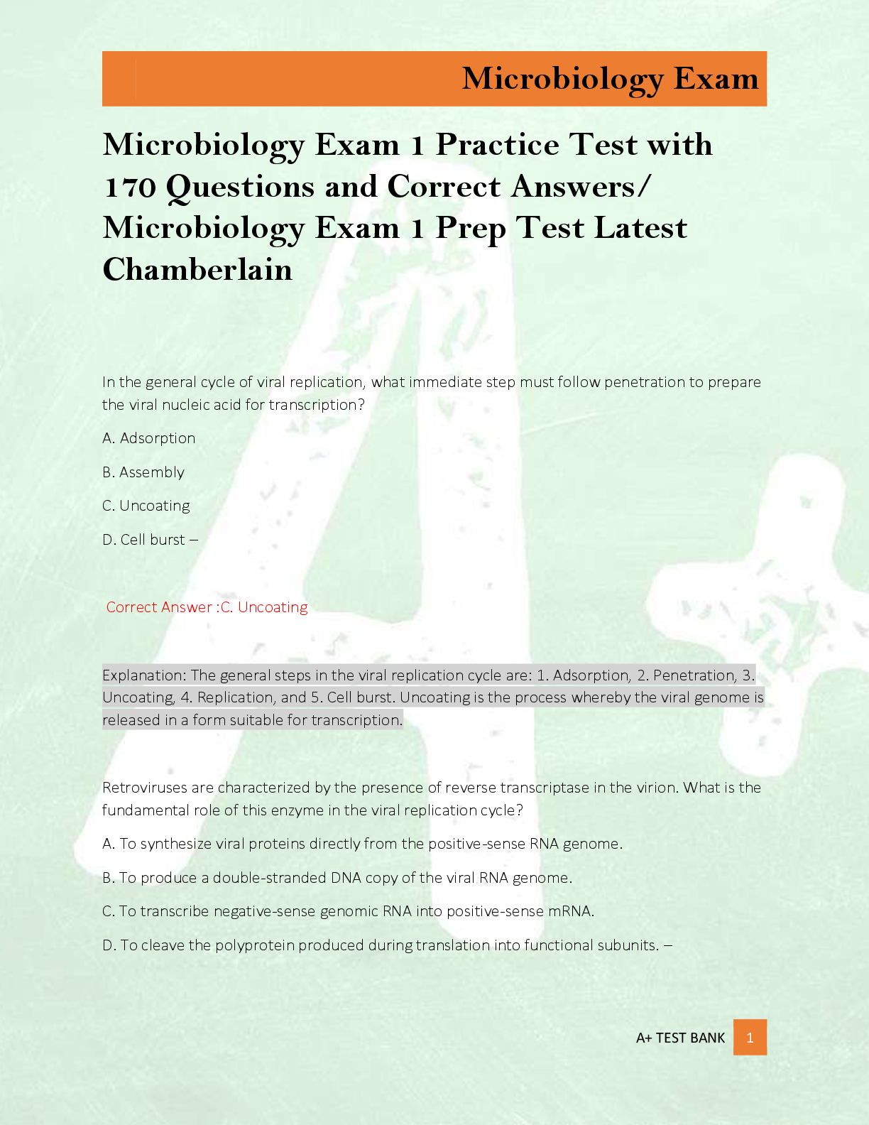 Microbiology Exam 1 Practice Test with 170 Questions and Correct ...
