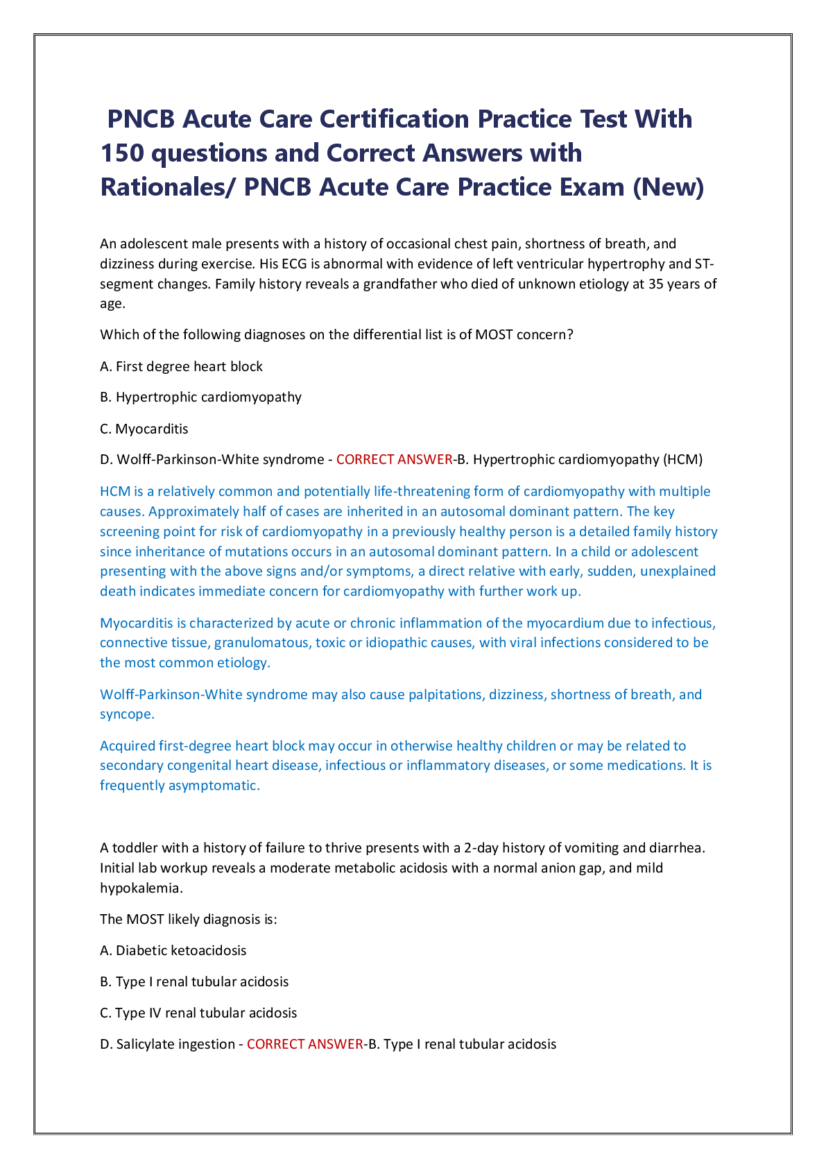 PNCB Acute Care Certification Practice Test With 150 questions and ...