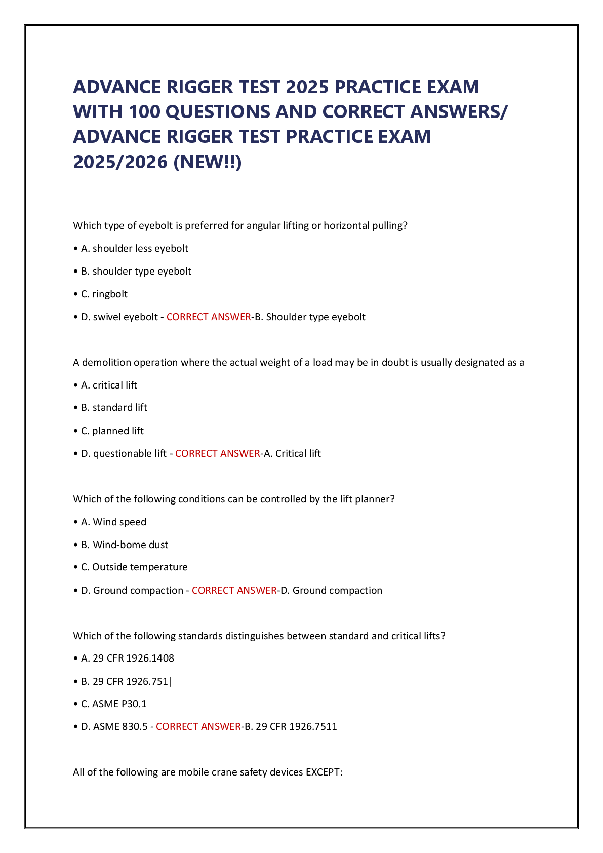 ADVANCE RIGGER TEST 2025 PRACTICE EXAM WITH 100 QUESTIONS AND CORRECT ...