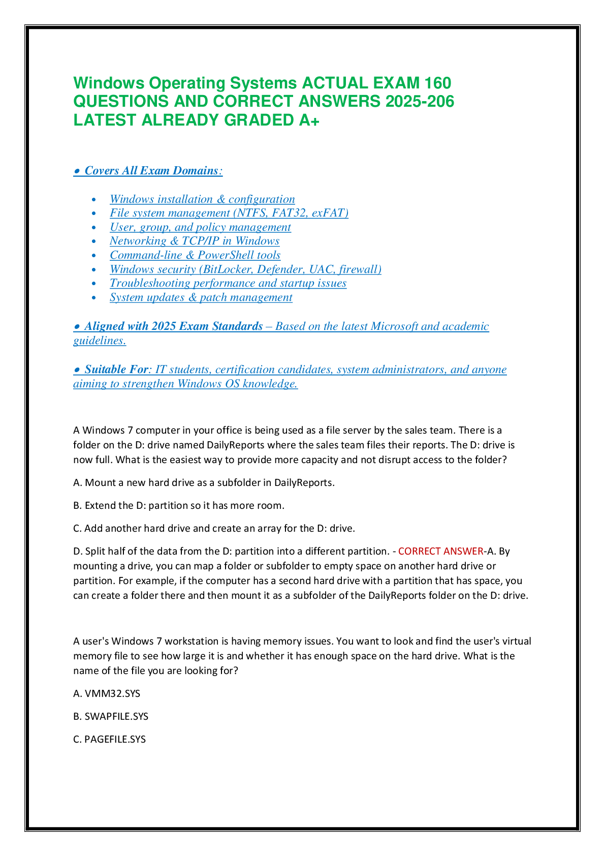Windows Operating Systems ACTUAL EXAM 160 QUESTIONS AND CORRECT ANSWERS ...