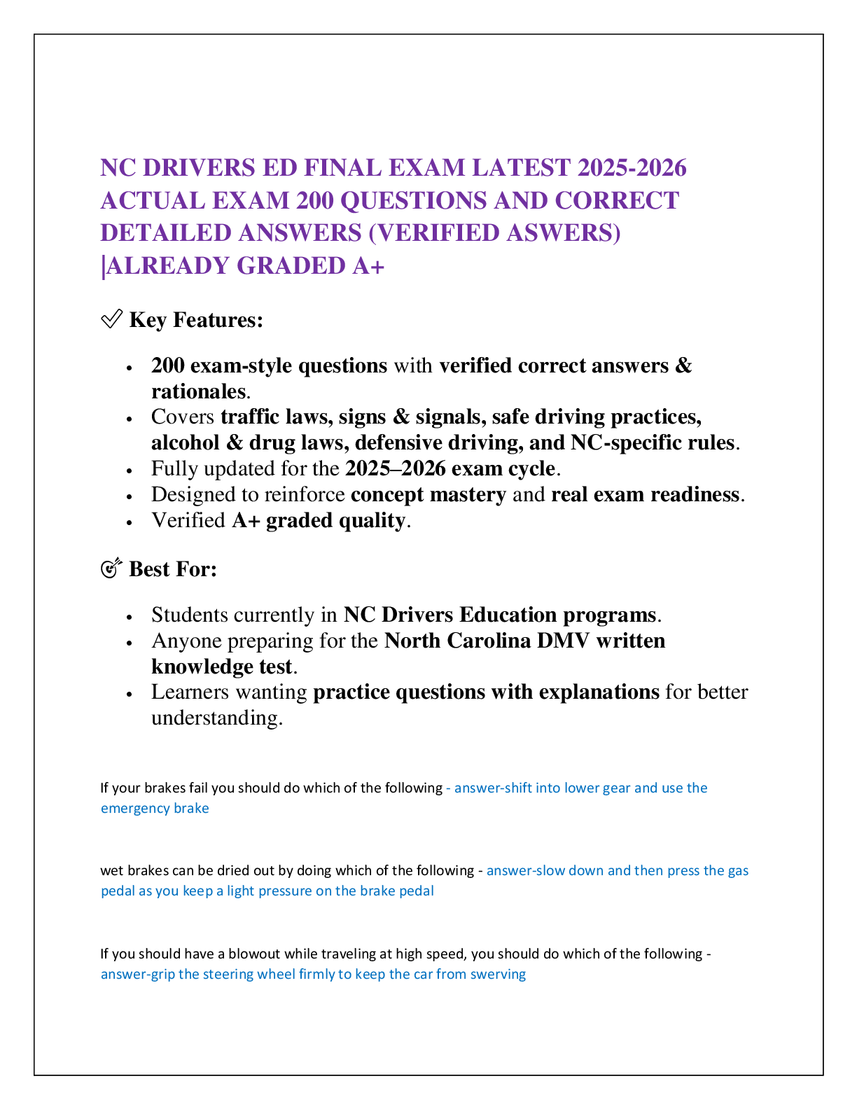 NC DRIVERS ED FINAL EXAM LATEST 2025-2026 ACTUAL EXAM 200 QUESTIONS AND ...