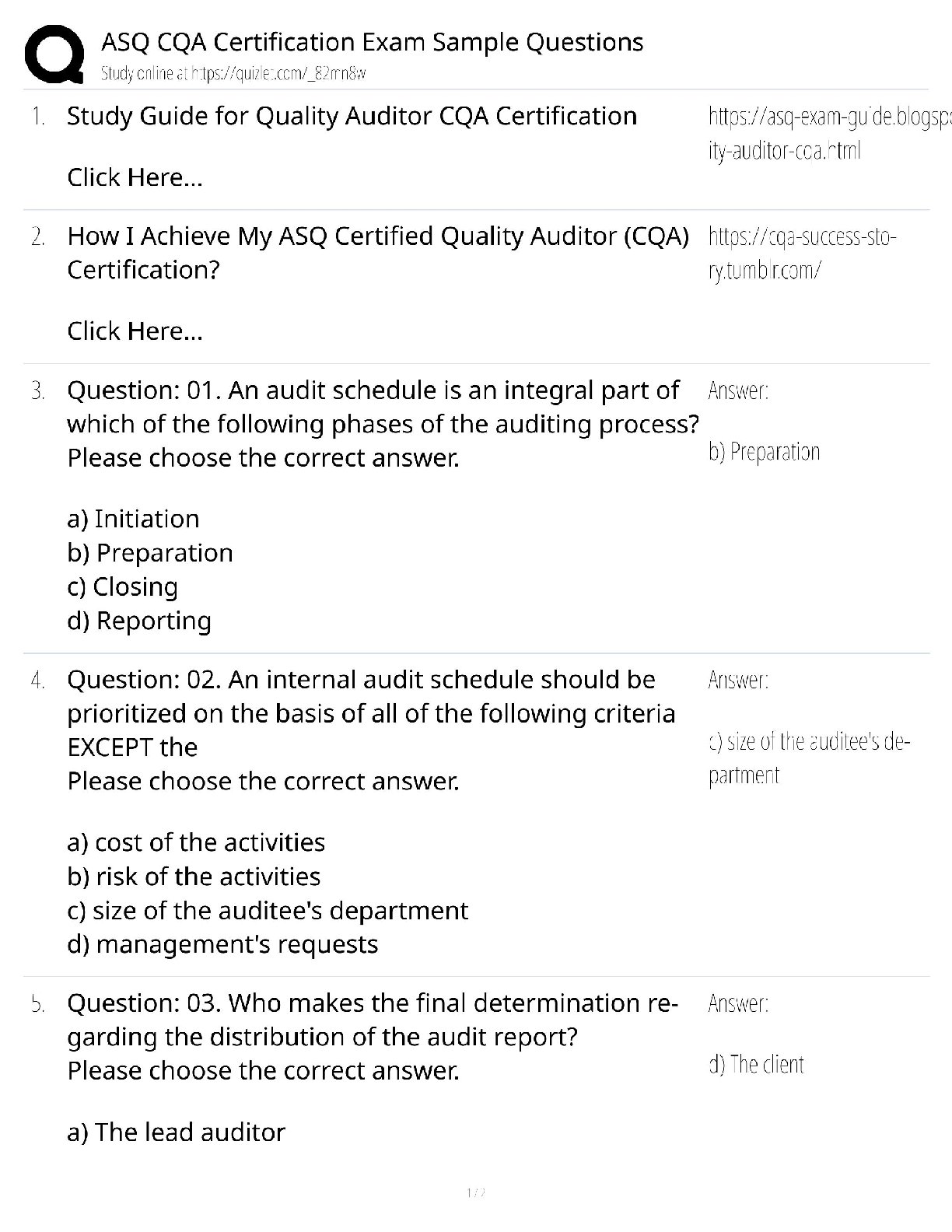 ASQ CQA Certification Sample Questions Test Bank / Certified Quality ...
