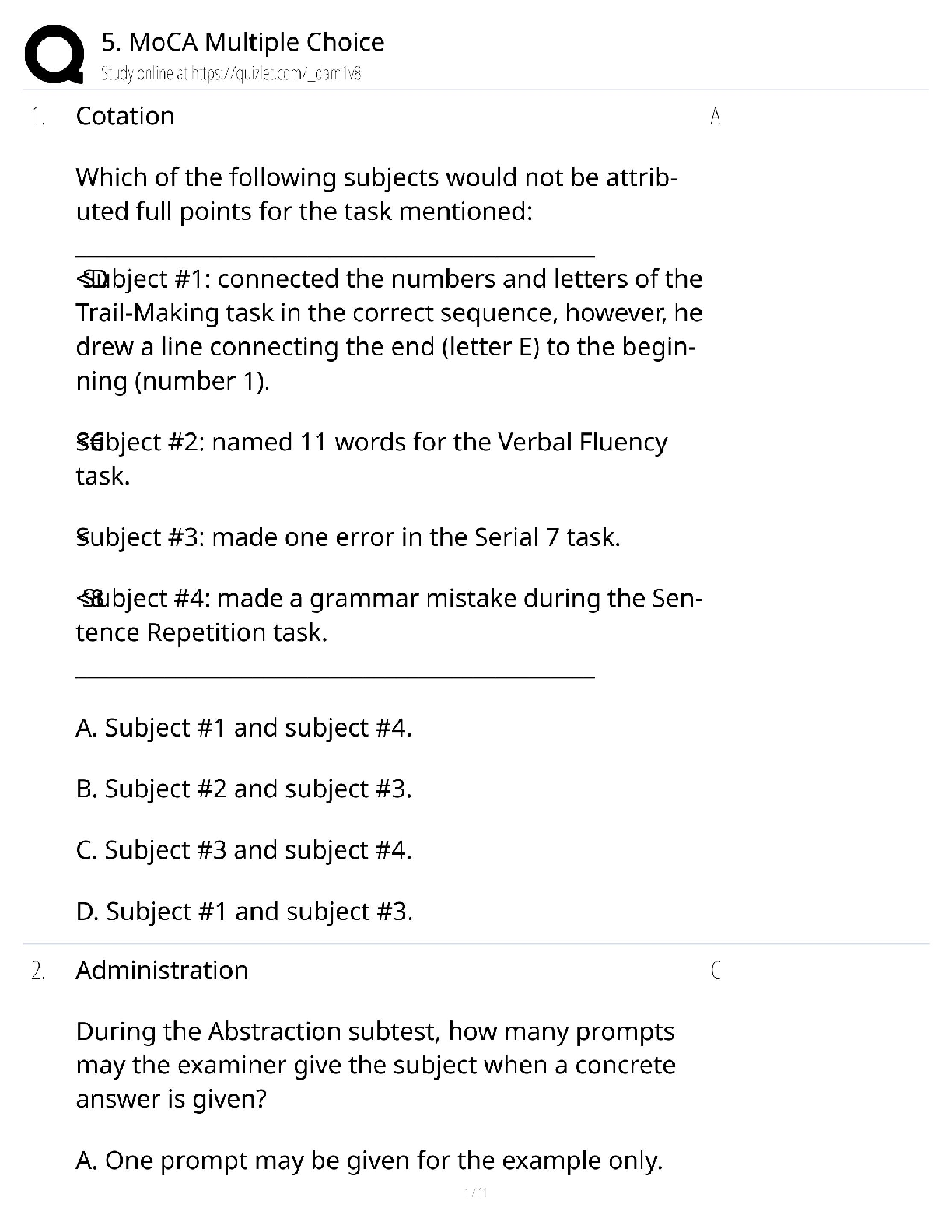 MoCA Multiple Choice Test Bank / Montreal Cognitive Assessment / 2025 ...