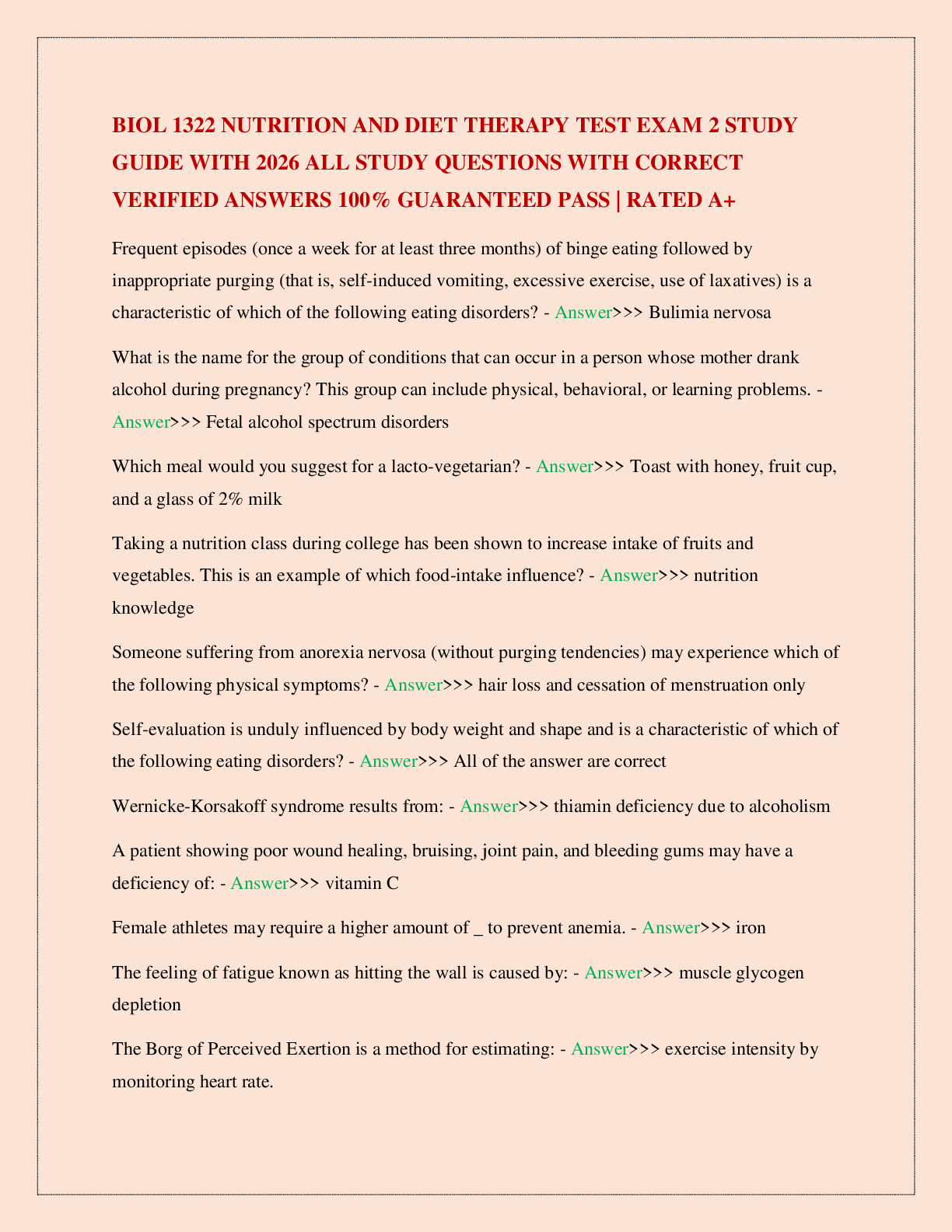 BIOL 1322 NUTRITION AND DIET THERAPY TEST EXAM 2 STUDY GUIDE WITH 2026 ...