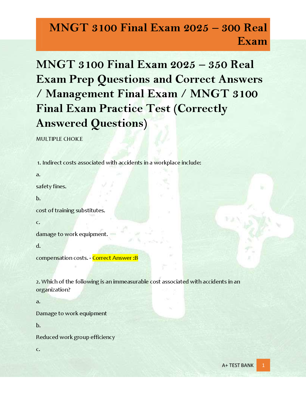 MNGT 3100 Final Exam 2025 – 350 Real Exam Prep Questions and Correct ...