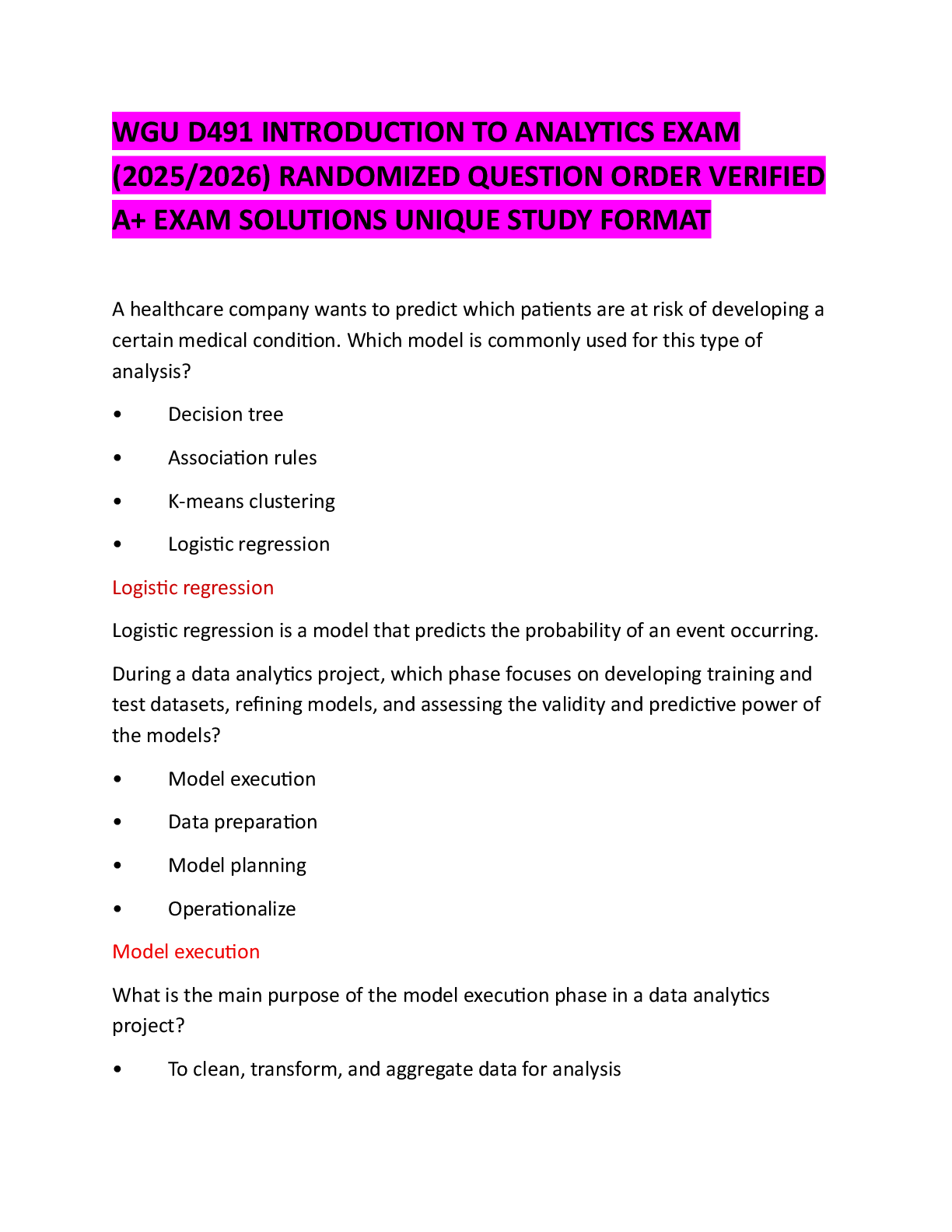 WGU D491 INTRODUCTION TO ANALYTICS EXAM (2025/2026) RANDOMIZED QUESTION ORDER VERIFIED A+ EXAM ...