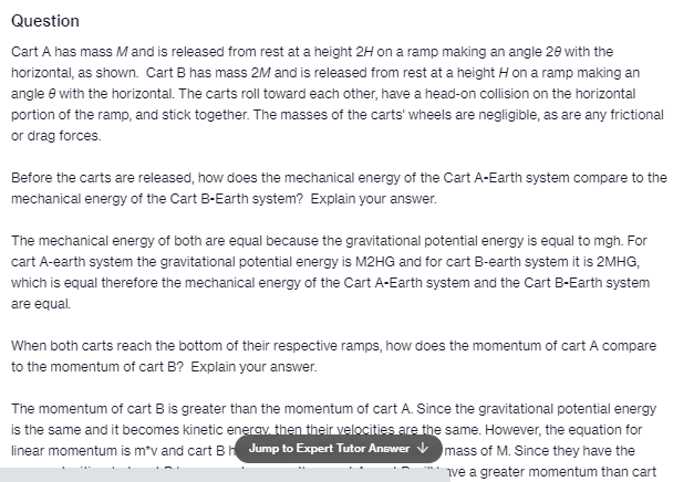 Science Physics Cart A has mass M and is released from rest at a height ...