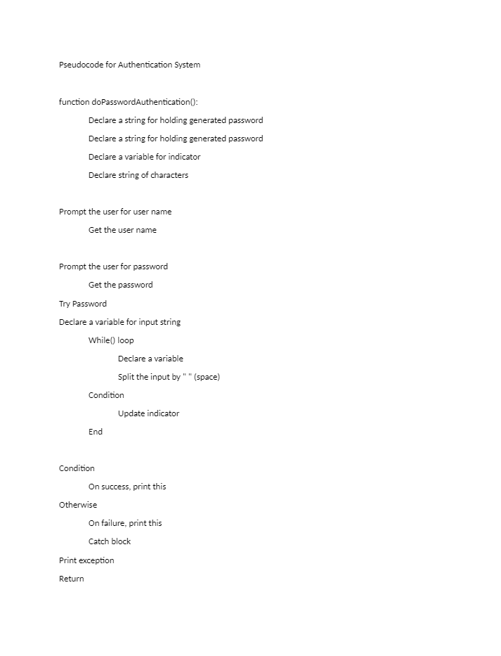 Pseudocode for Authentication System