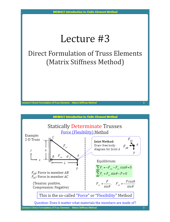Lecture #3 Direct Formulation of Truss Elements (Matrix Stiffness Method)