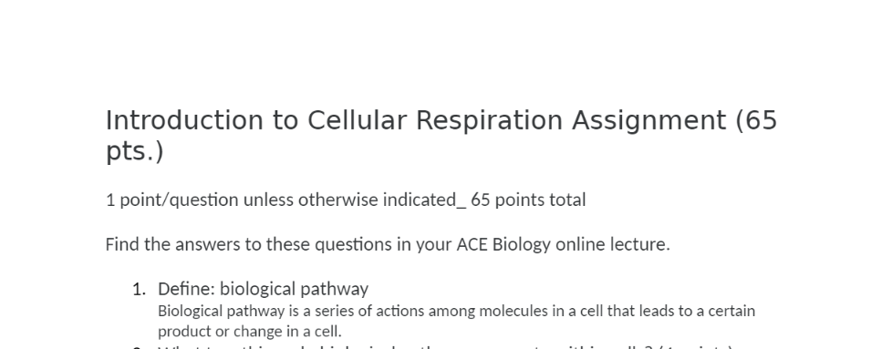 Mohawk College BIOL BIOL MISC Cellular Respiration Assignment