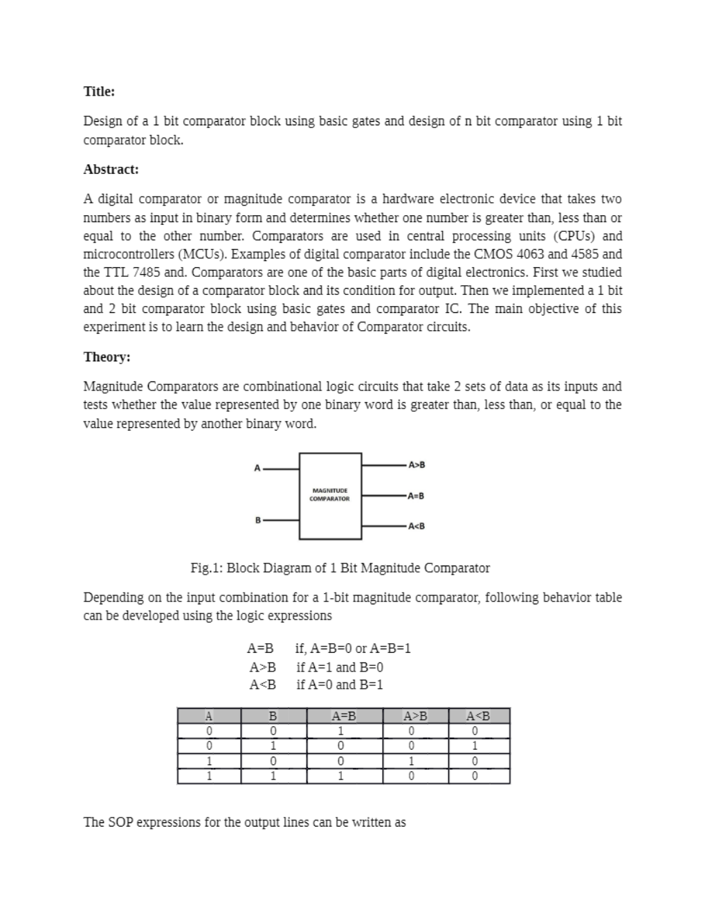 DLD LAB EXP 05(Design of a 1 bit comparator block using basic gates and ...