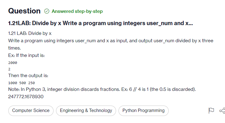 121lab Divide By X Write A Program Using Integers Usernum And X 
