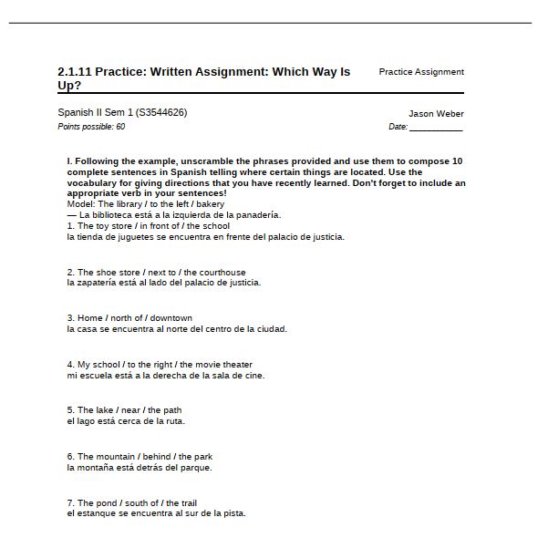 SPANISH 2 101 2.1.11 Practice: Written Assignment: Which Way Is Up ...