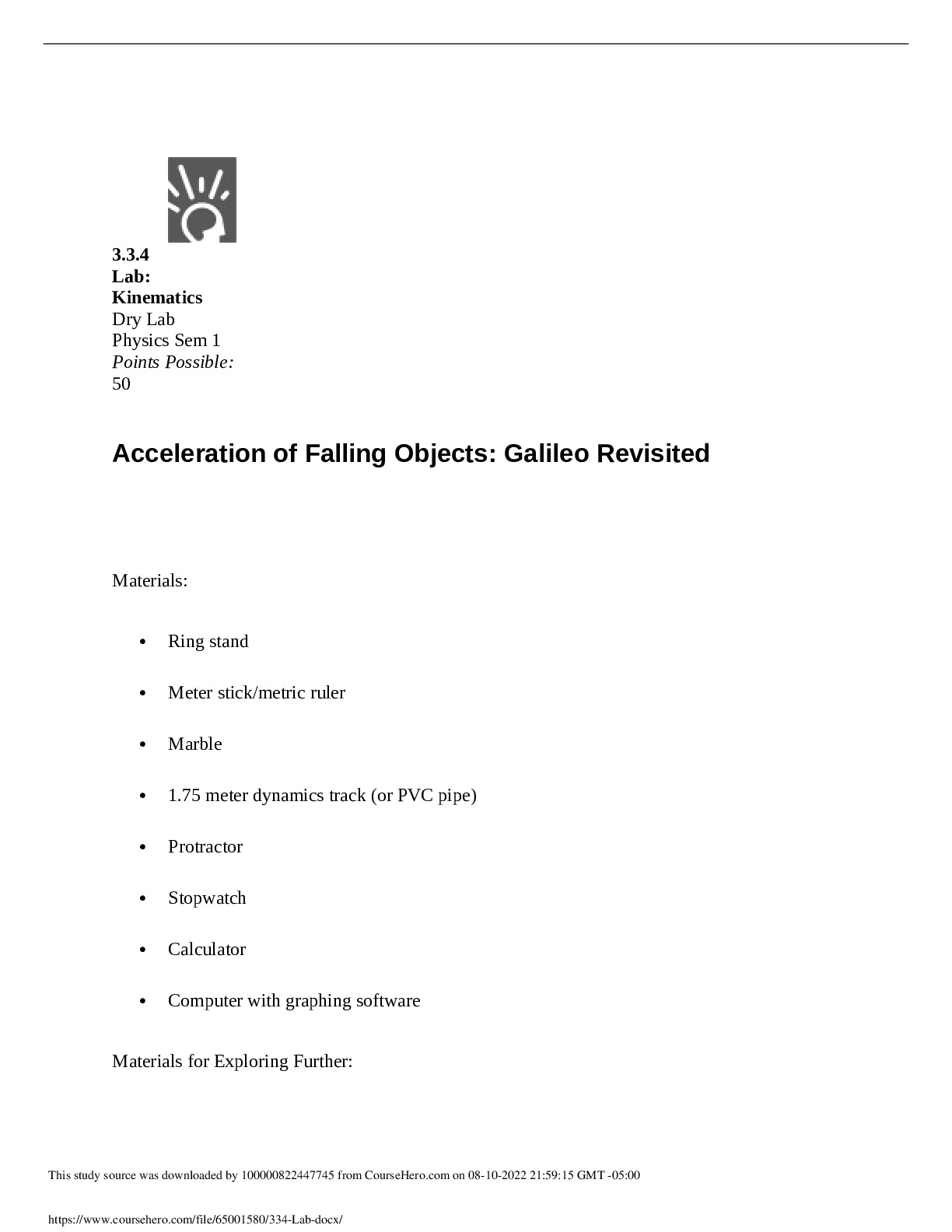 SCIENCE 101 3.3.4 Lab: Kinematics . Acceleration of Falling Objects ...