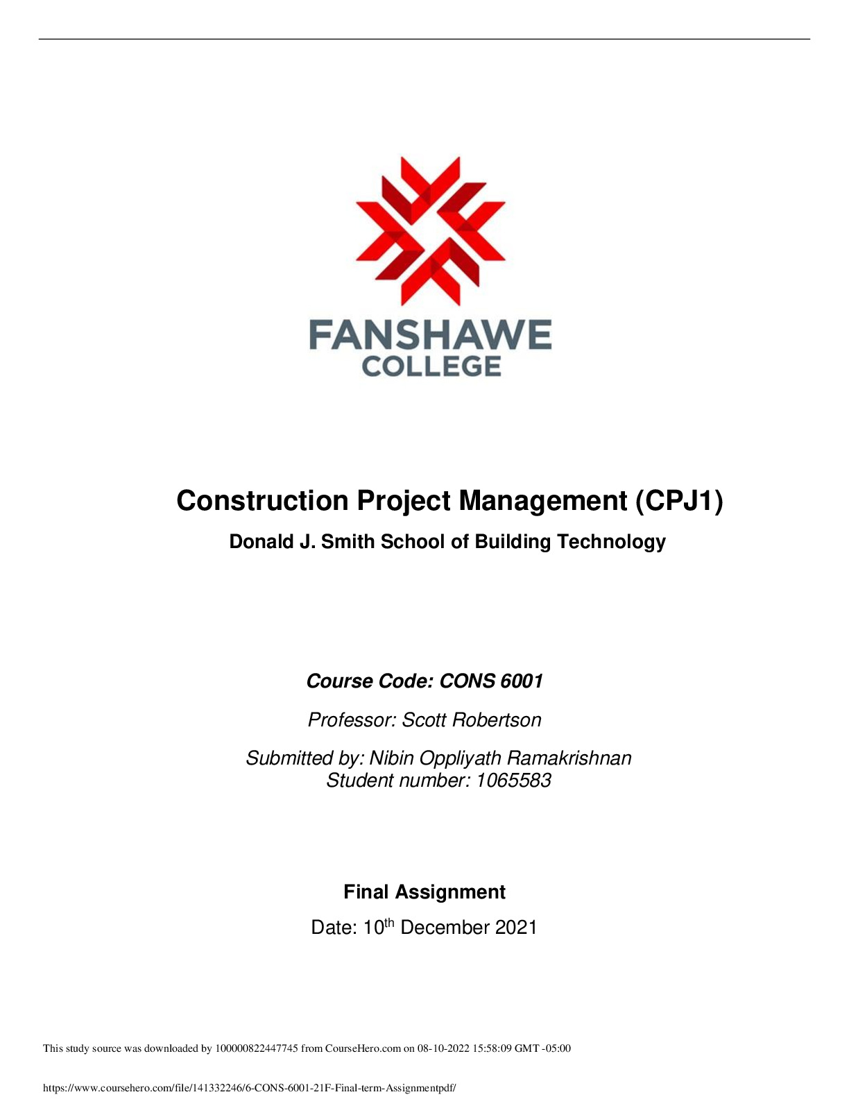 Construction Project Management (CPJ1) Donald J. Smith School of ...