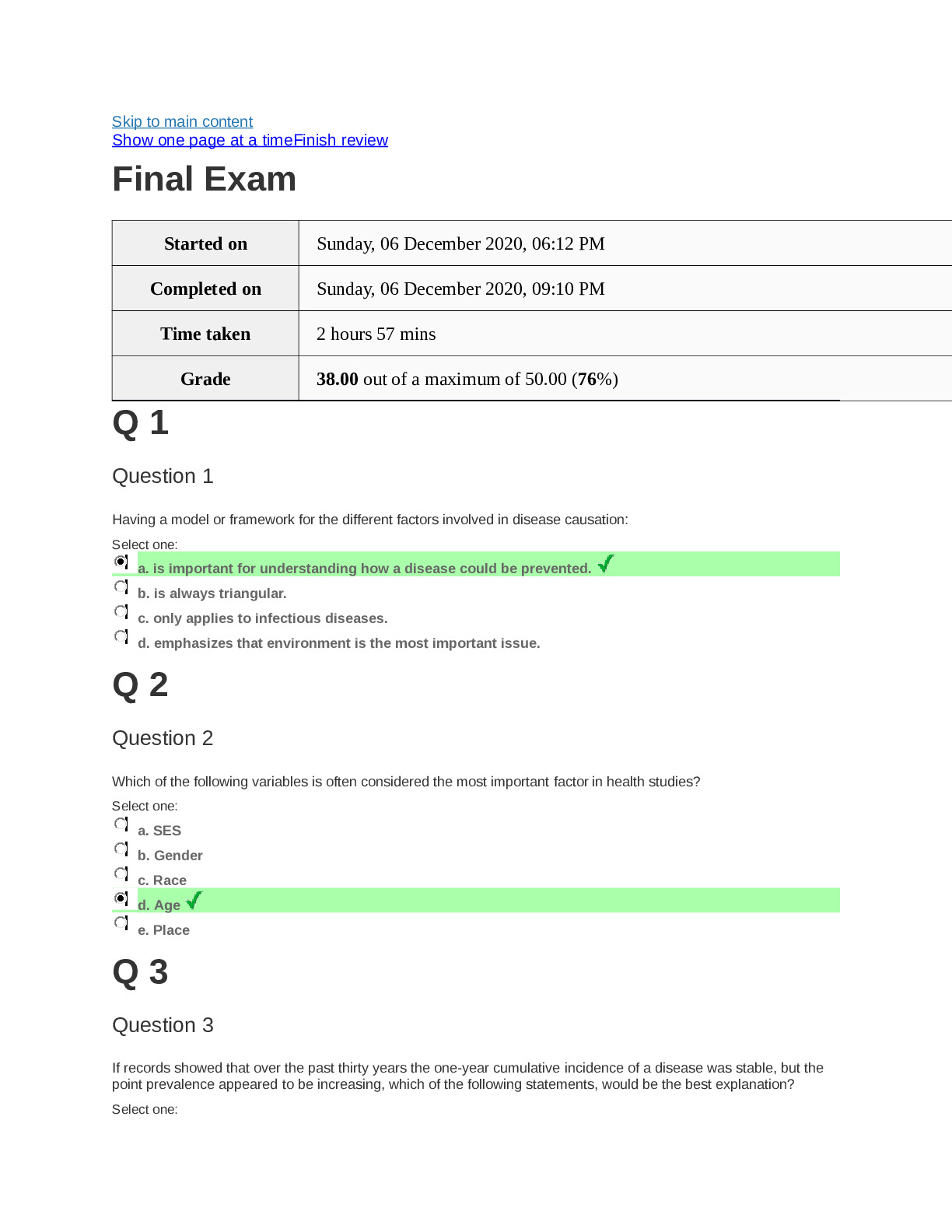 George Washington University PUBH 6003 Final Exam Grade 38.00 out of a maximum of 50.00 (76%)