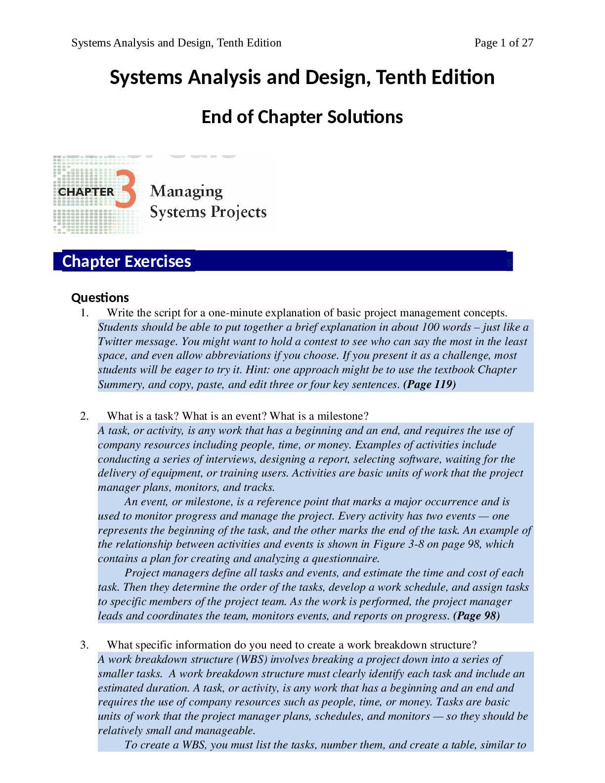 Systems Analysis and Design, Tenth Edition End of Chapter Solutions: CHAPTER 3 Managing Systems ...