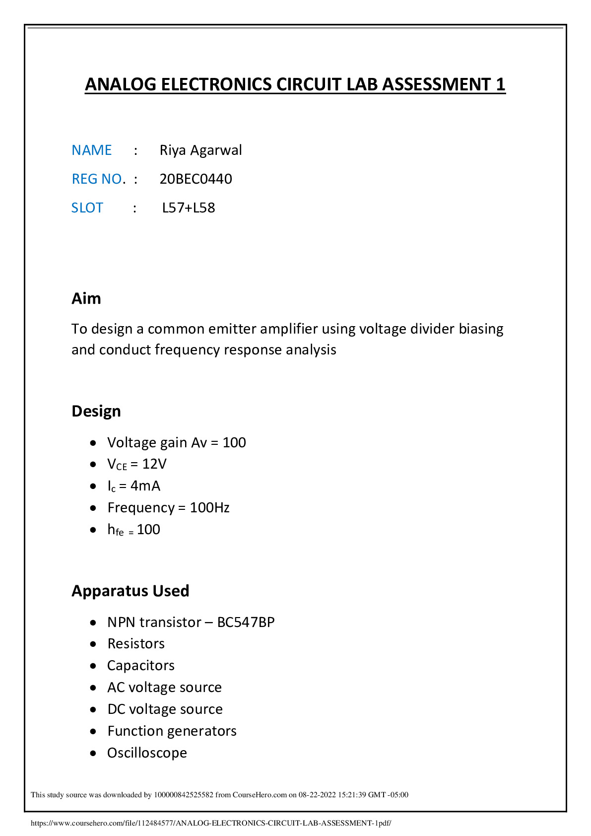 ANALOG ELECTRONICS CIRCUIT LAB ASSESSMENT Vellore Institute of ...